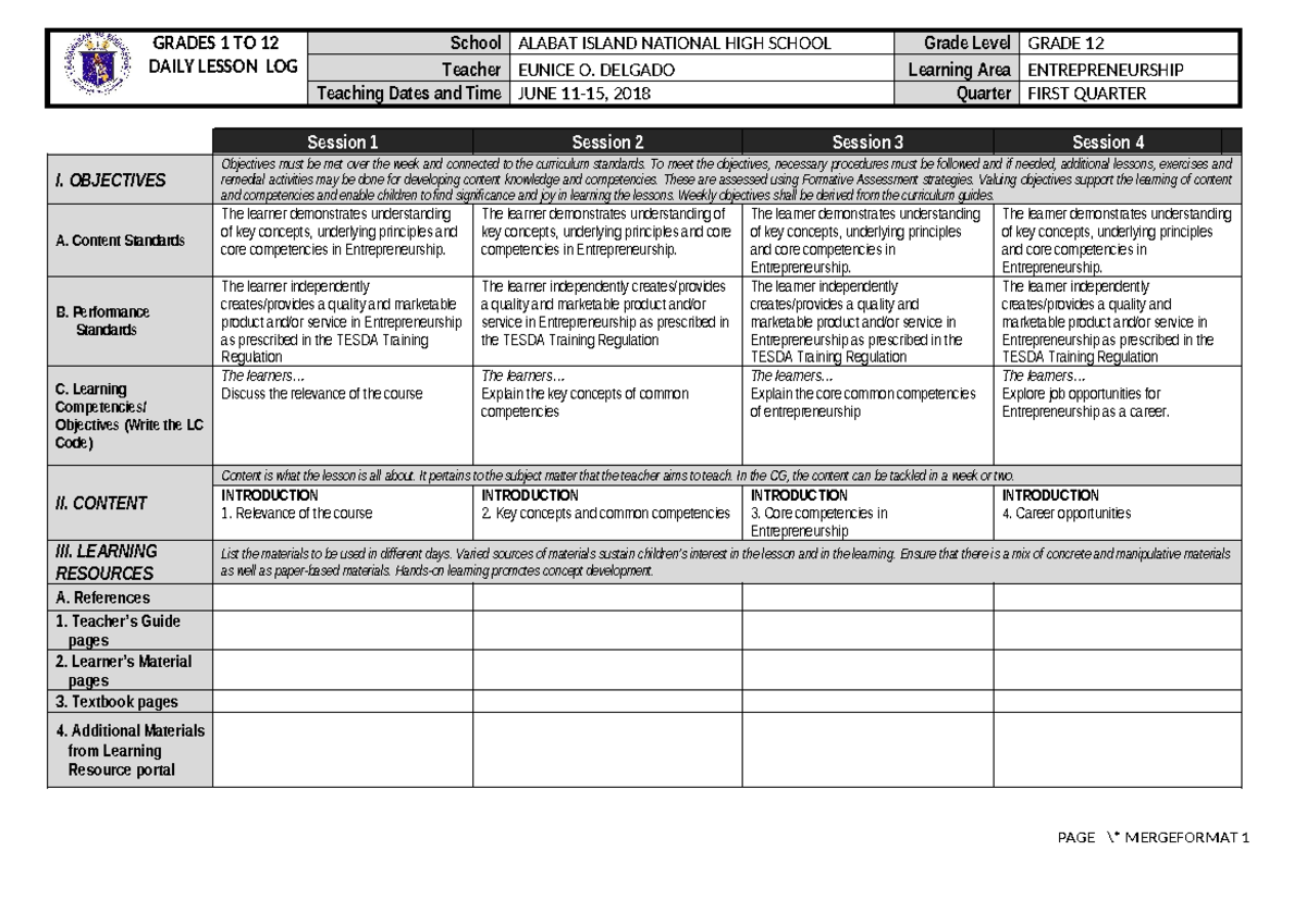GRADE 12 DAILY LESSON LOG: ENTREPRENEURSHIP - FIRST QUARTER - Studocu