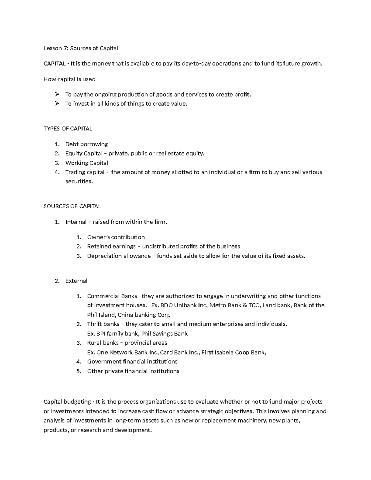 Reviewer Finance - Lesson 7: Sources of Capital CAPITAL - It is the ...