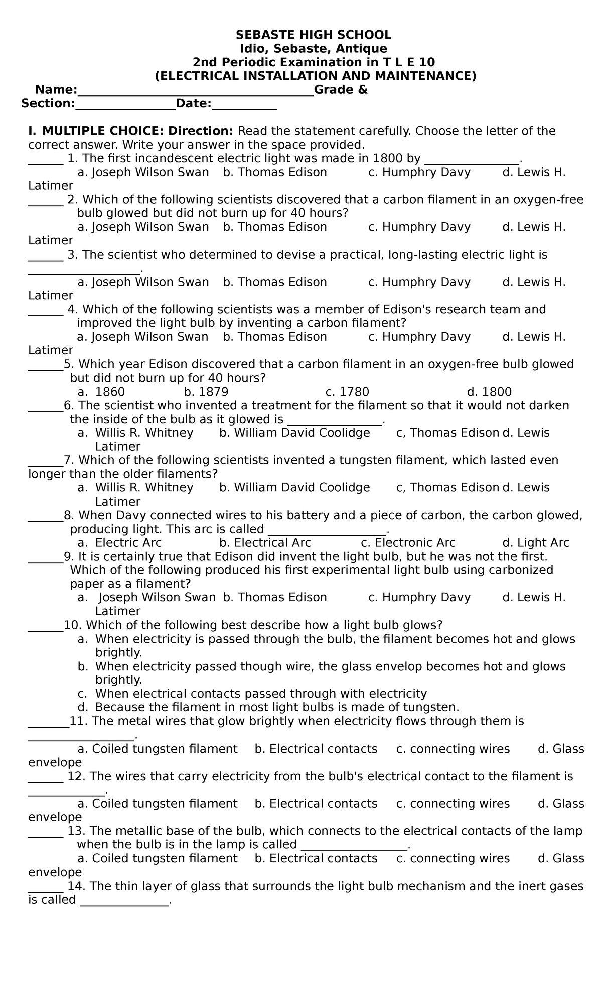 2nd quarter exam in TLE 9 EIM 2019-2020 - SEBASTE HIGH SCHOOL Idio ...