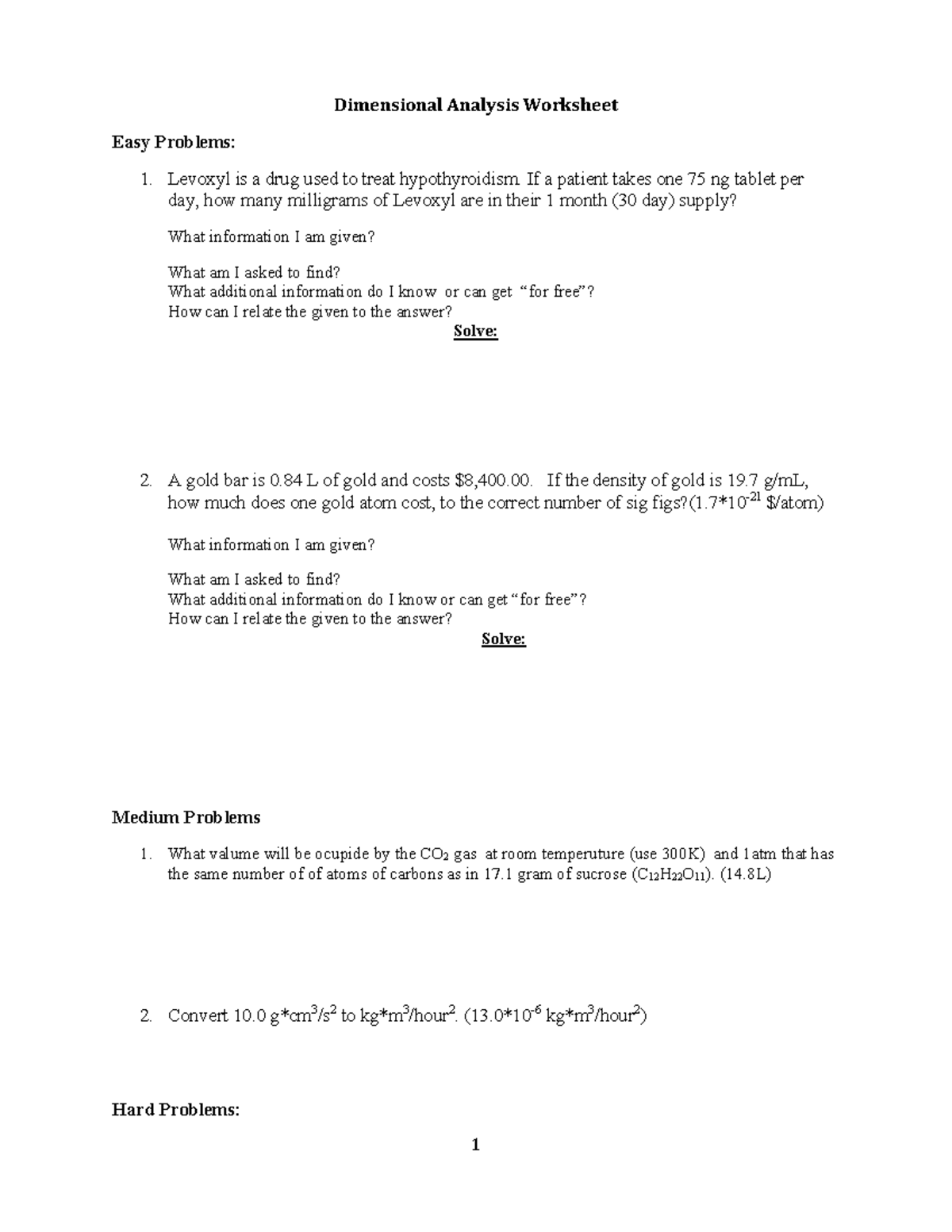 Dimensional Analysis Worksheet: Easy to Hard Problems - Studocu