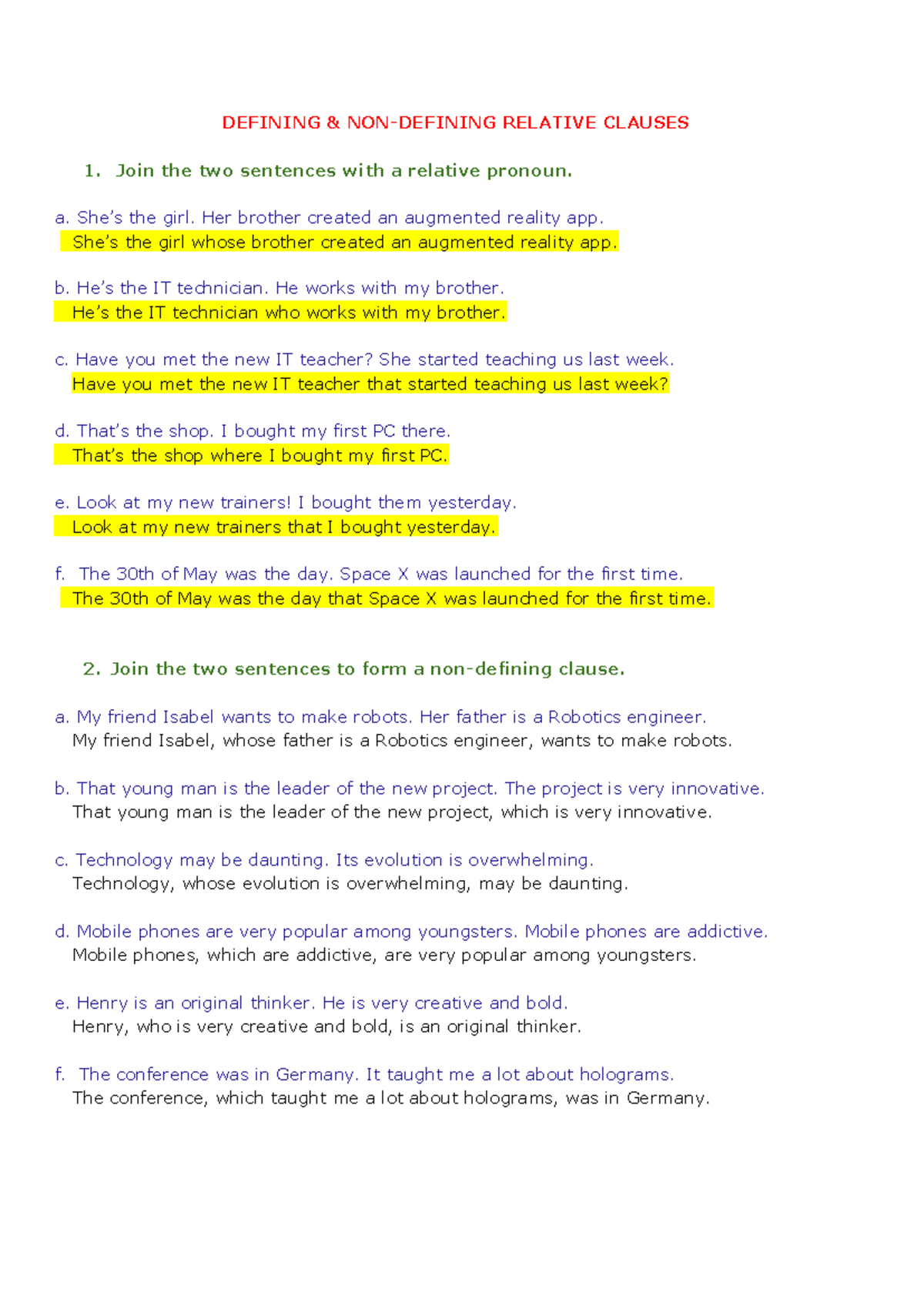 Defining & non-defining relative clauses - DEFINING & NON-DEFINING ...