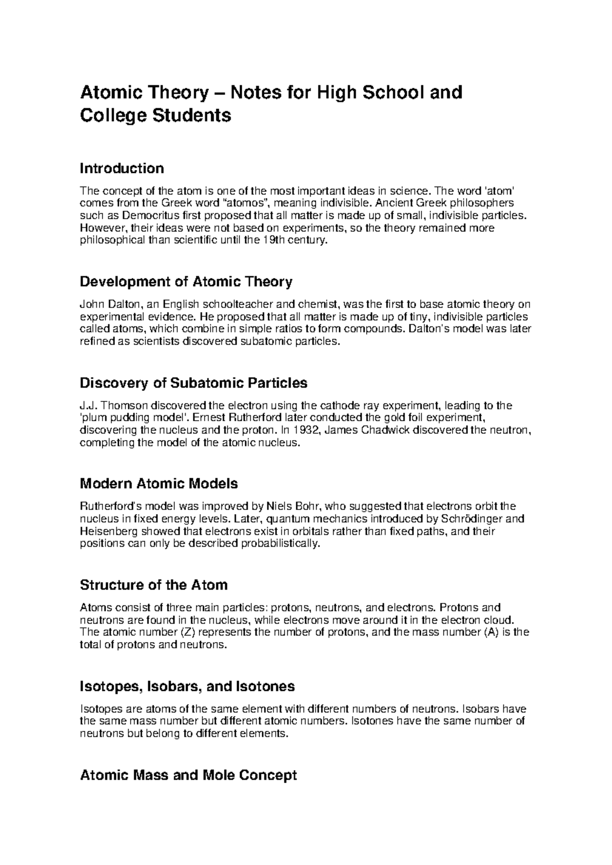 Atomic Theory Notes for Chemistry Students: A Comprehensive Guide - Studocu