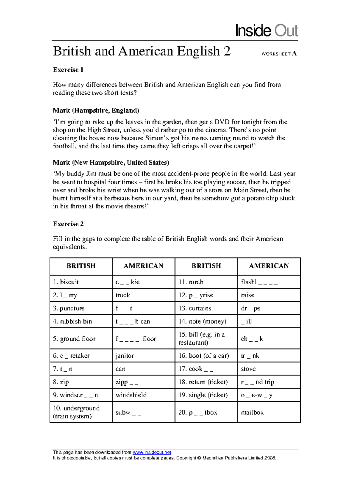British vs American English Worksheet 2: Key Language Differences - Studocu