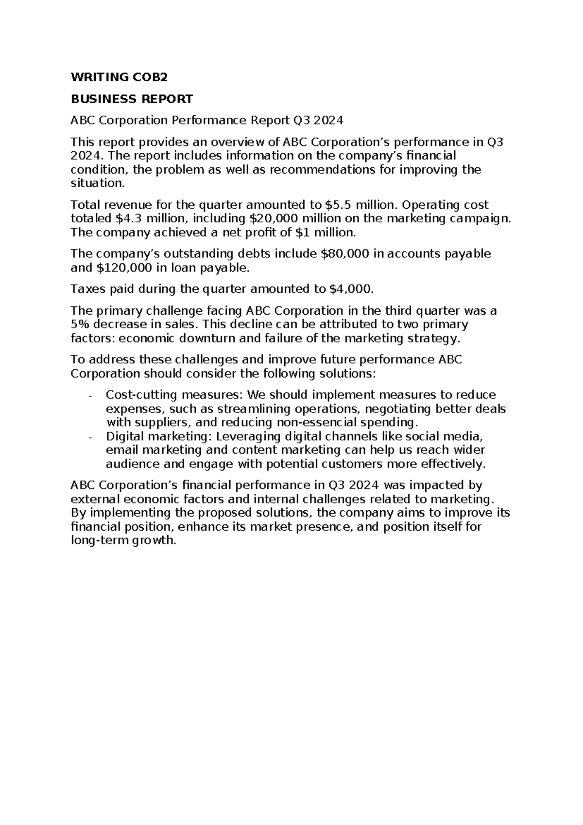 Writing COB2 - WRITING COB BUSINESS REPORT ABC Corporation Performance ...