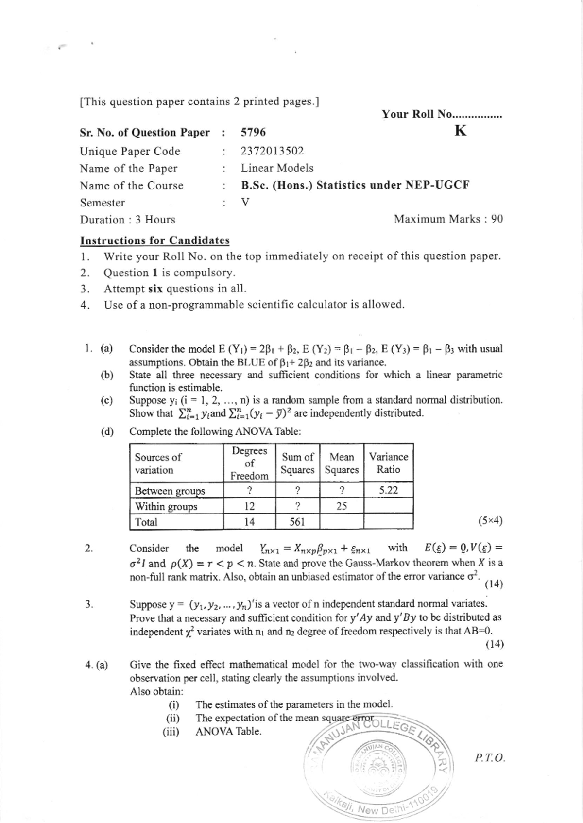 B.Sc. (Hons.) Statistics: Linear Models Exam Paper (Sem 5) - Studocu