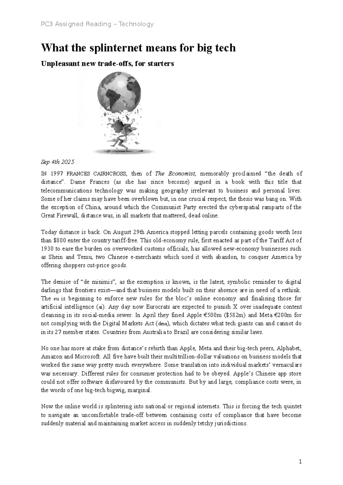 PC3 Assigned Reading: The Splinternet's Impact on Big Tech - Studocu