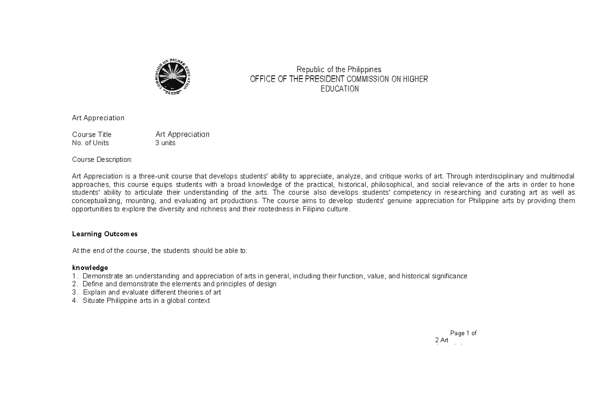 Art Appreciation (CHED) Syllabus 2018-2025: Course Overview and ...