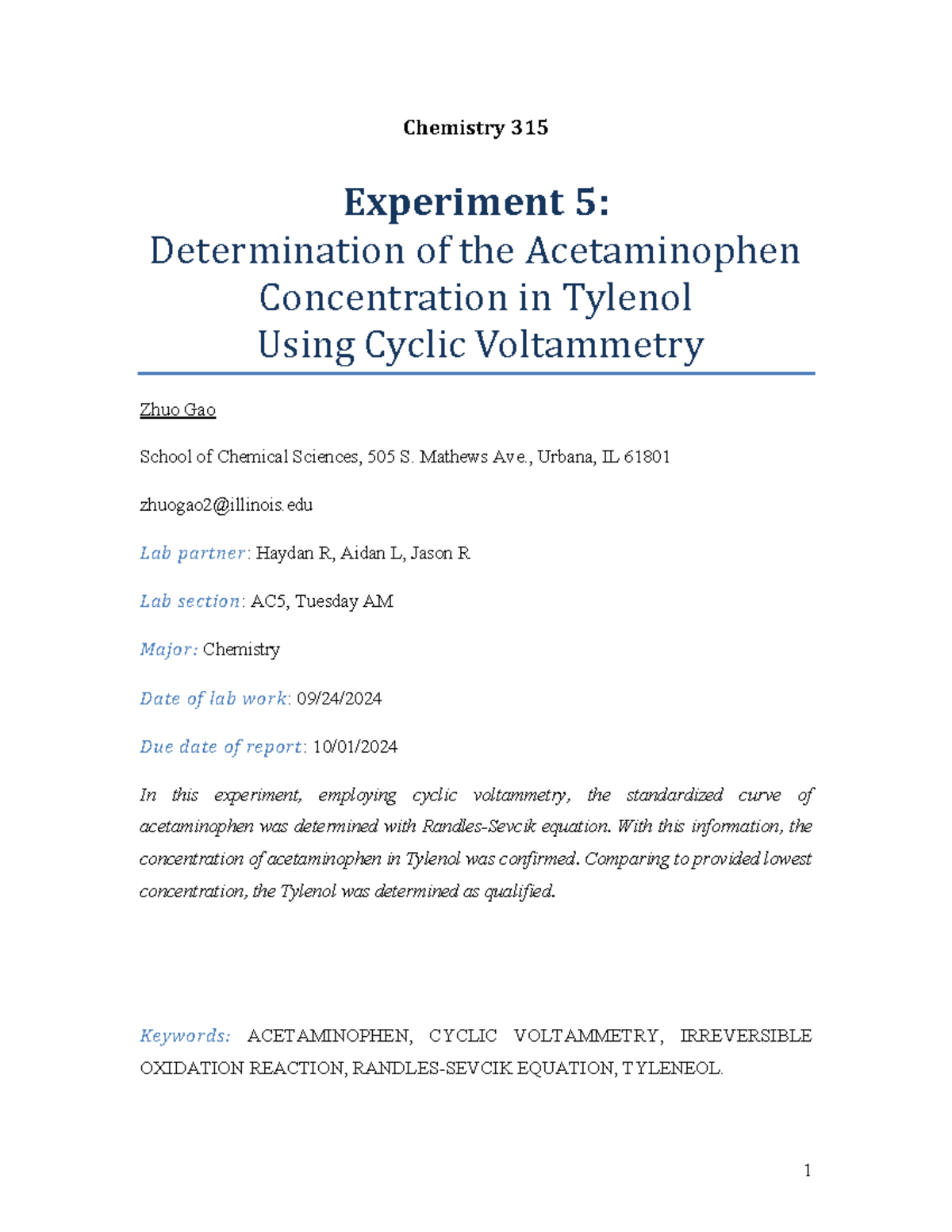 Lab Report 5 - Determination of Acetaminophen in Tylenol via Cyclic ...