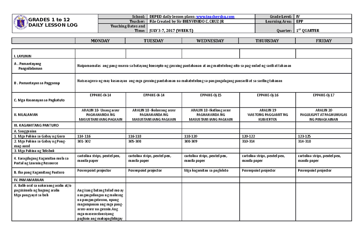 Grade 4 EPP Weekly Lesson Plan: DLL for Q1 Week 5 - Studocu