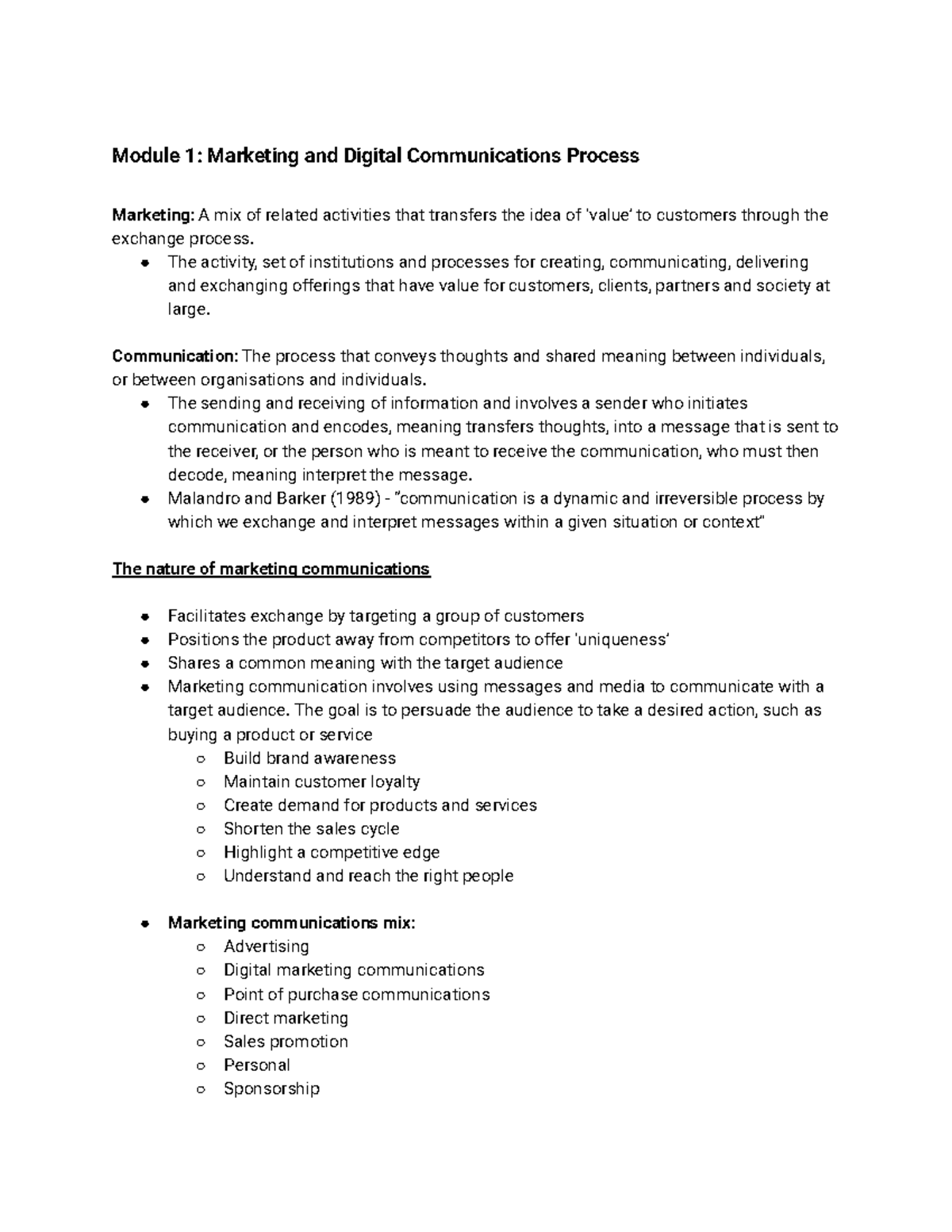Module 1: Marketing & Digital Communications Process Overview - Studocu