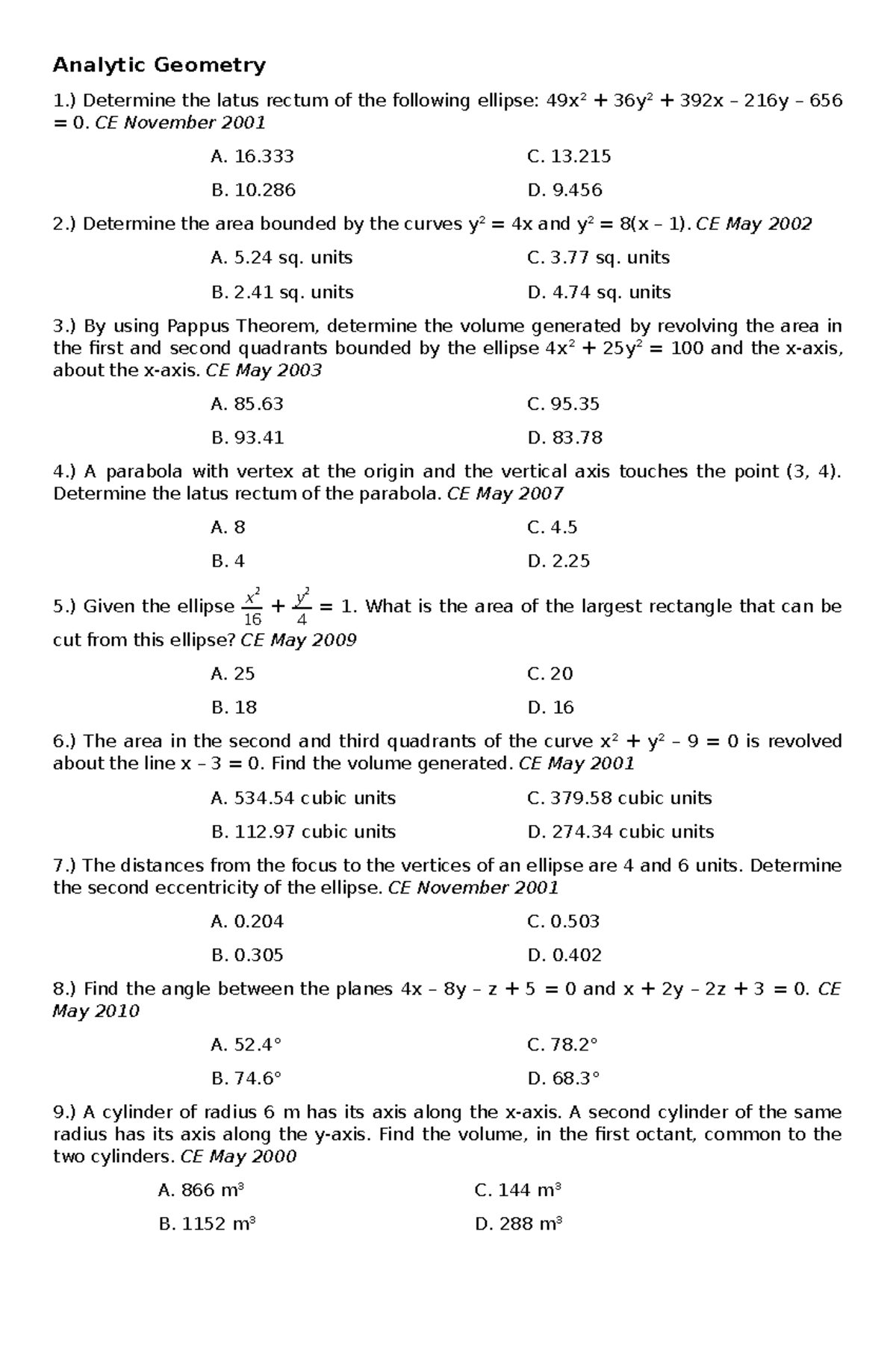 Analytic Geometry CE Reviewer: Key Concepts & Problems - Studocu