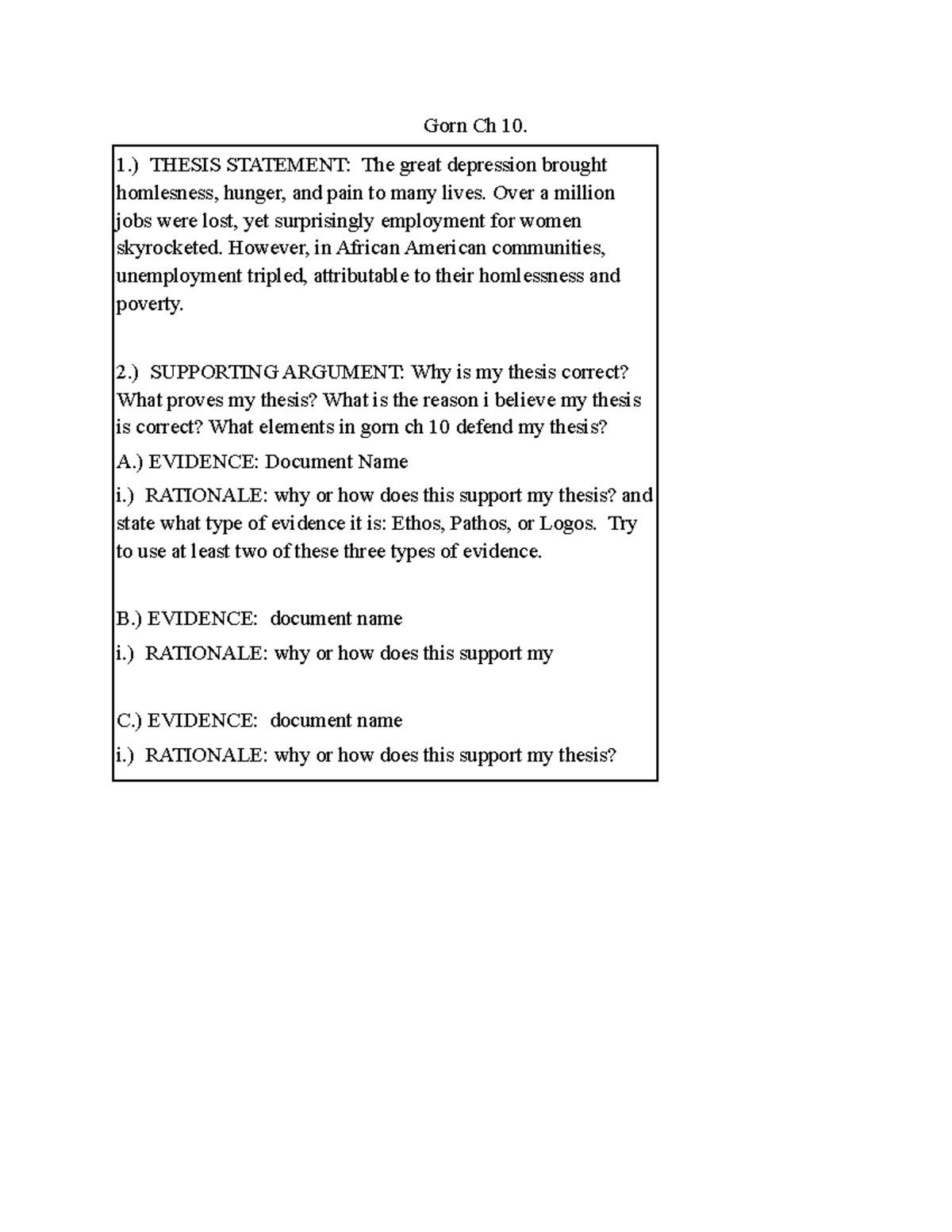 Thesis practice - Gorn Ch 10. 1.) THESIS STATEMENT: The great ...