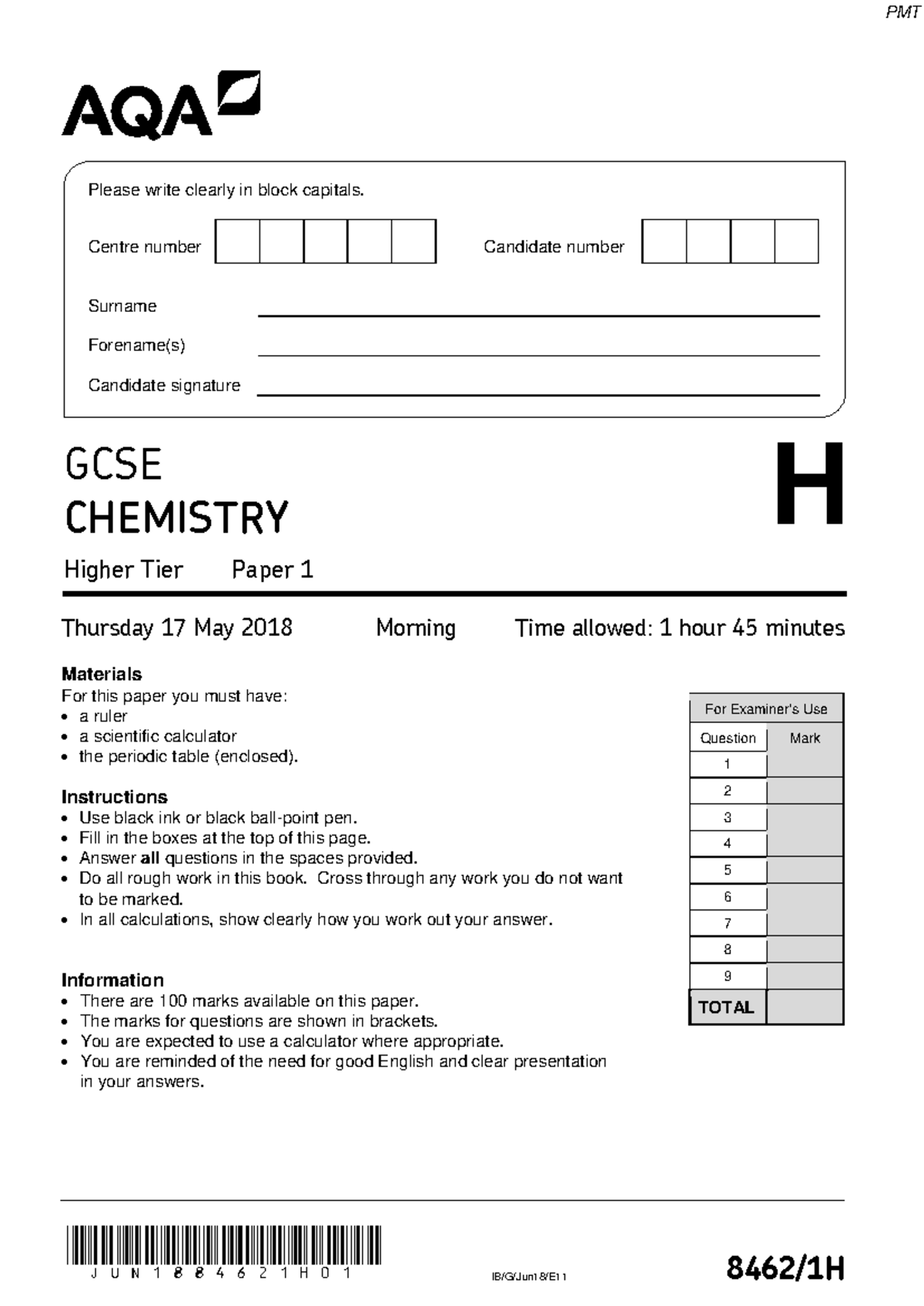 GCSE CHEMISTRY Higher Tier H Paper 1 June 2018 Exam Questions - Studocu