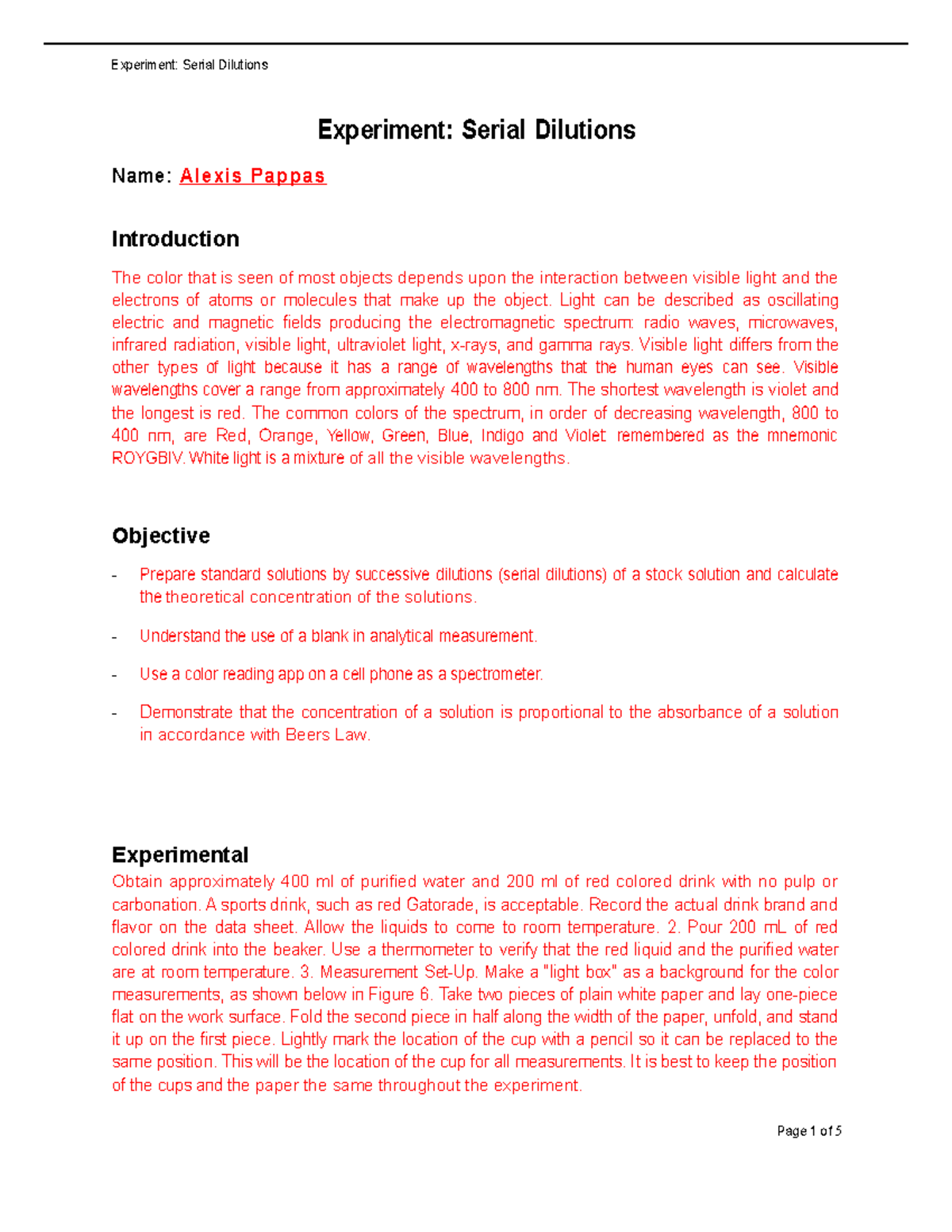 Serial Dilution Lab Data and Report - Experiment: Serial Dilutions Page ...