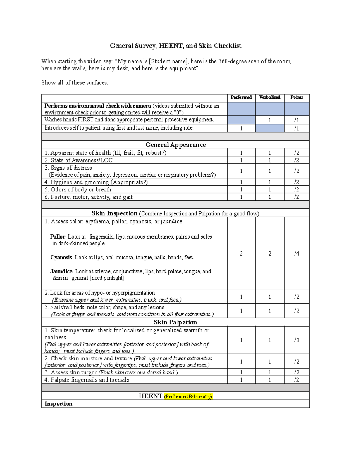 HEENT and Skin Assessment Checklist for General Survey - Jan 2026 - Studocu