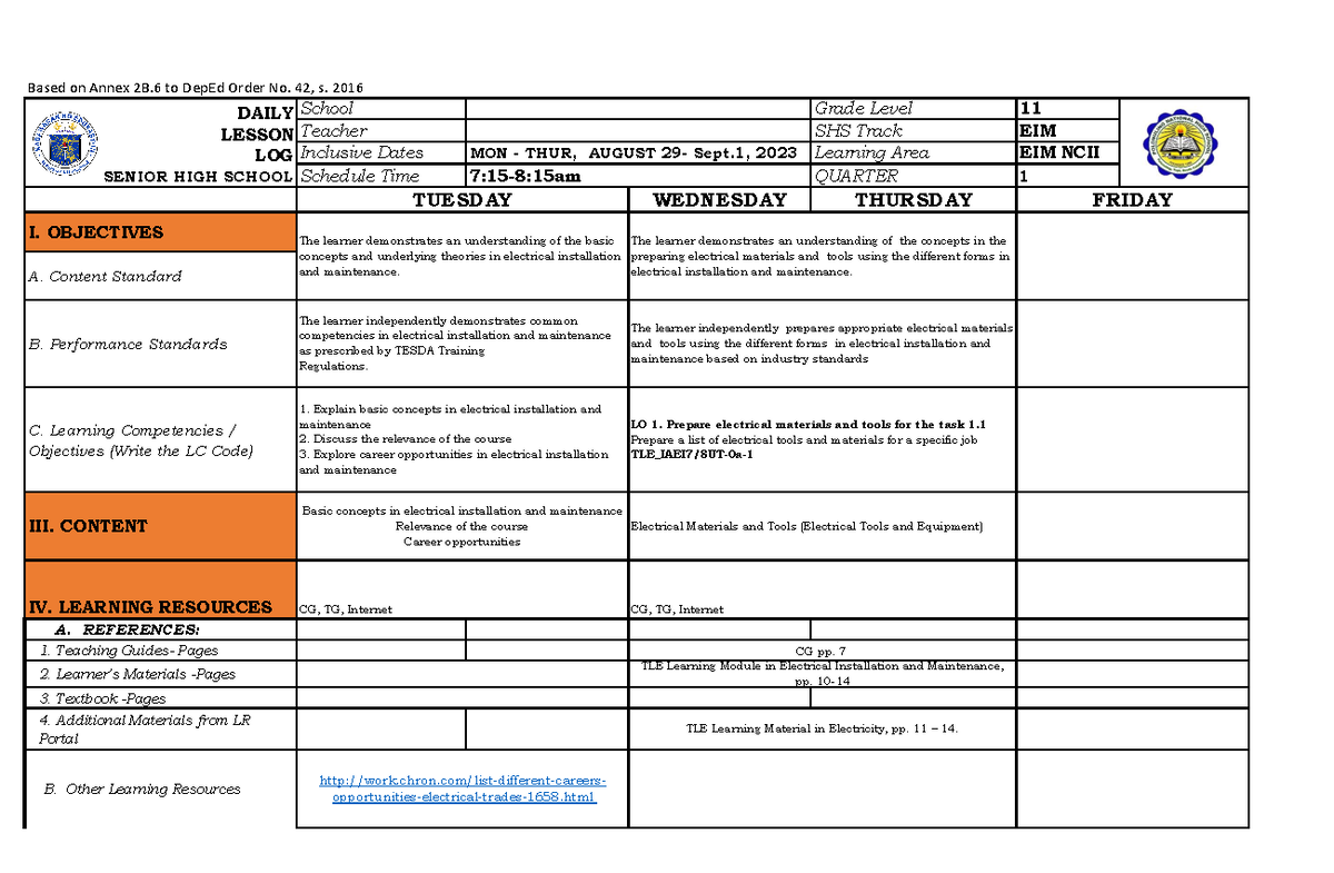 EIM DLL Grade 11 Week 1 Lesson Plan: Electrical Installation Basics ...