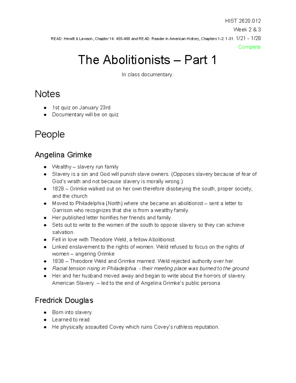The Abolitionists (Video Lecture) - History 2620.012 - HIST 2620. Week ...