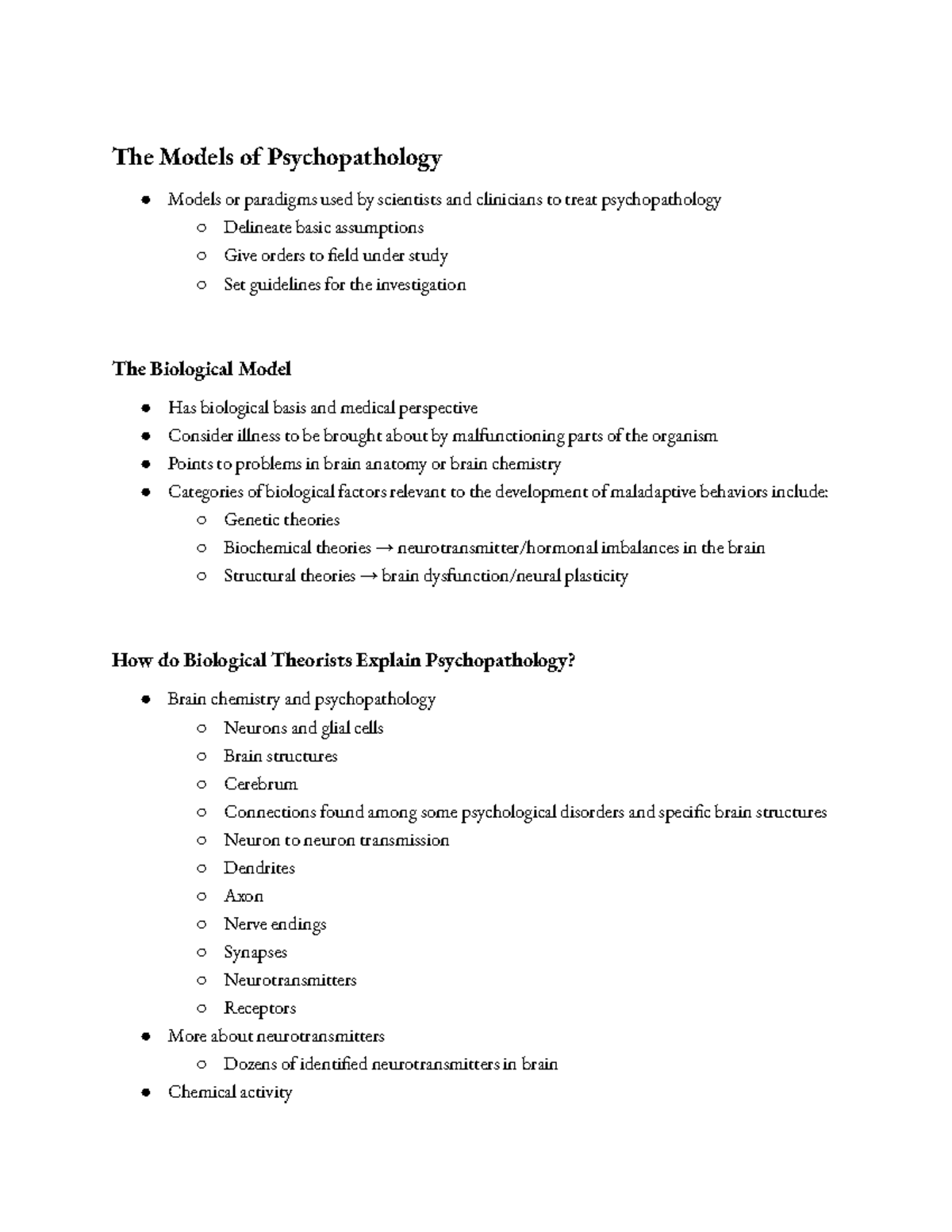 Comprehensive Guide to Psychopathology Models: PSY 405 Notes - Studocu
