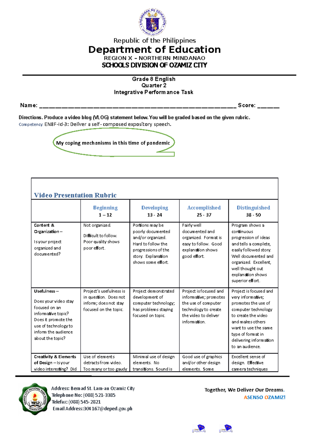 Integrative performance task 2 vlog - Republic of the Philippines ...