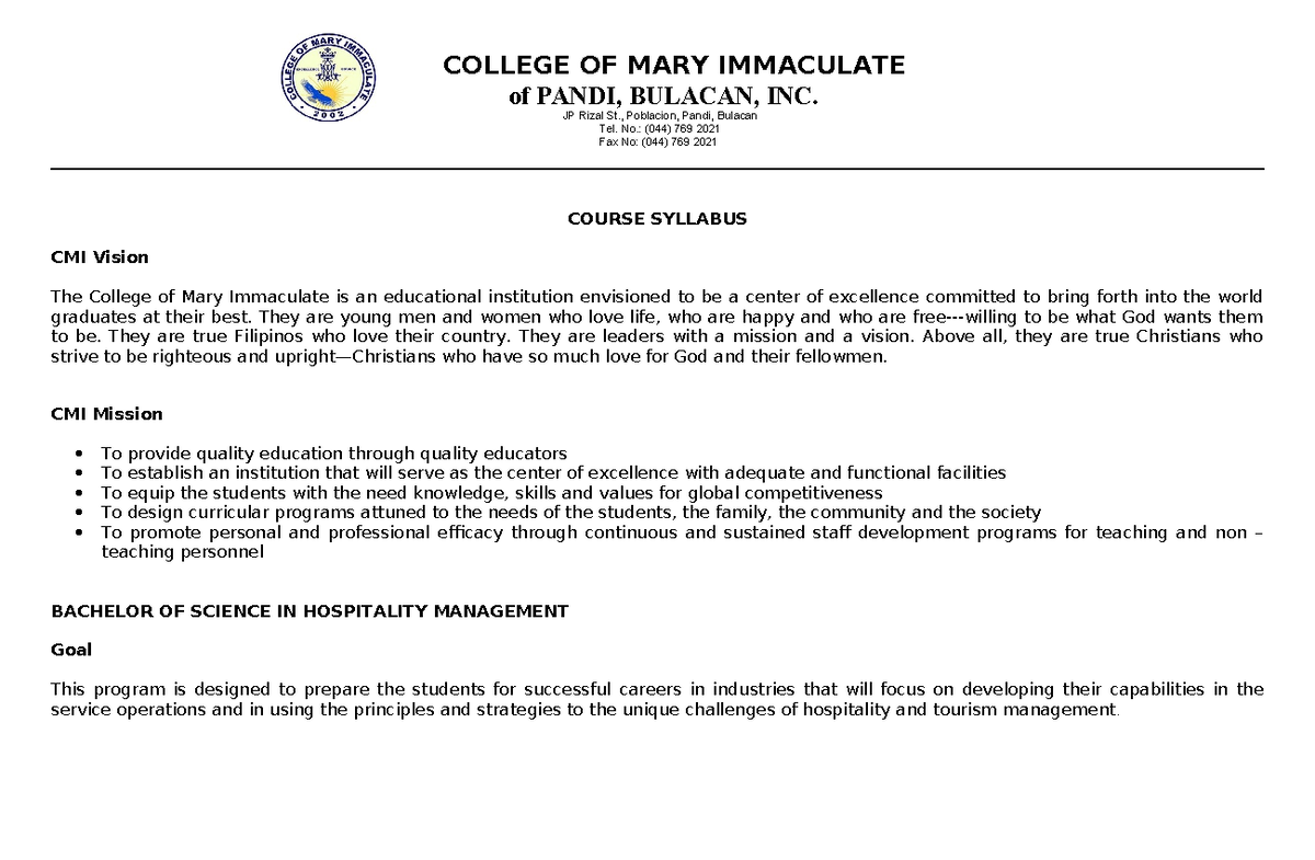 Syllabus for BSHM Course: Physical Education and Fitness - Studocu