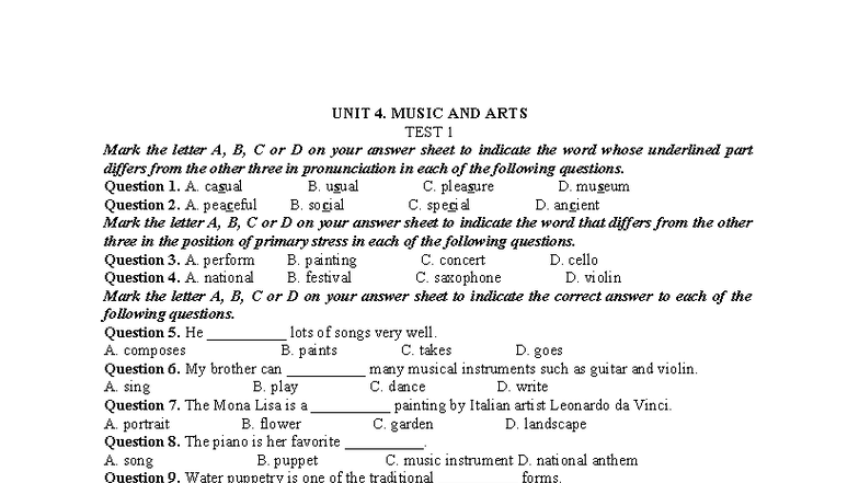 UNIT 4. MUSIC AND ARTS TEST 1 & 2 - ENGLISH 7 - Studocu
