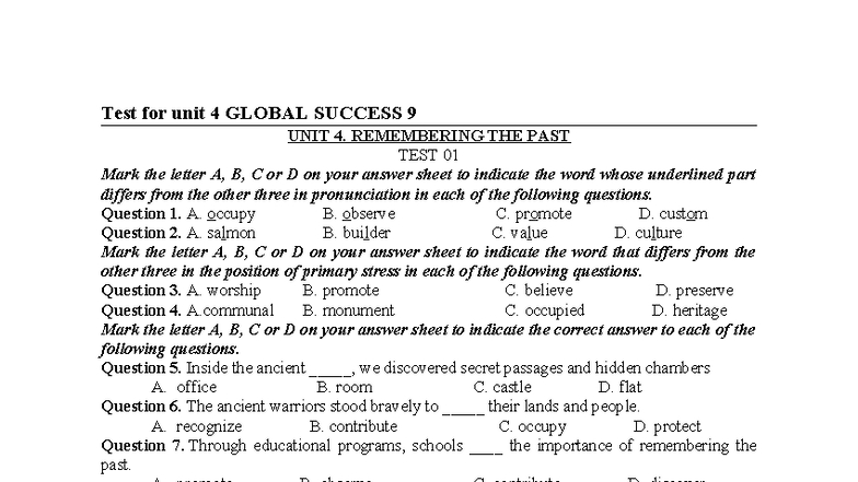Test for unit 4 Global Success 9 - Test for unit 4 GLOBAL SUCCESS 9 ...