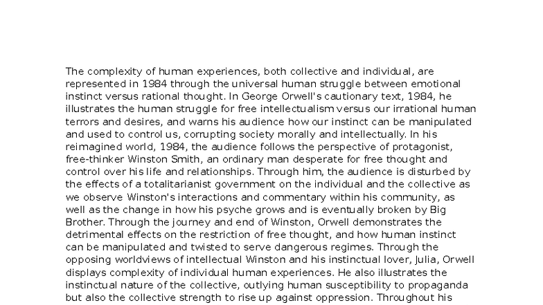1984 Essay: The Complexity of Human Experiences in Orwell's Dystopia ...
