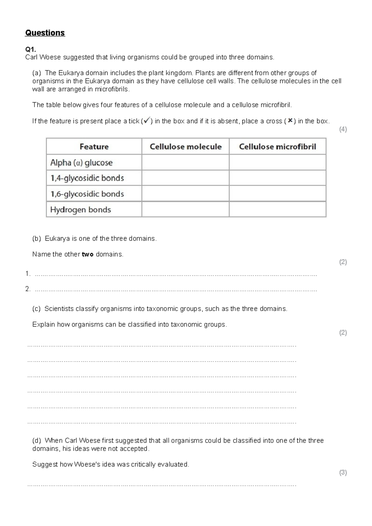 Biology 101 - Woese's Three Domains & Taxonomy Questions - Studocu