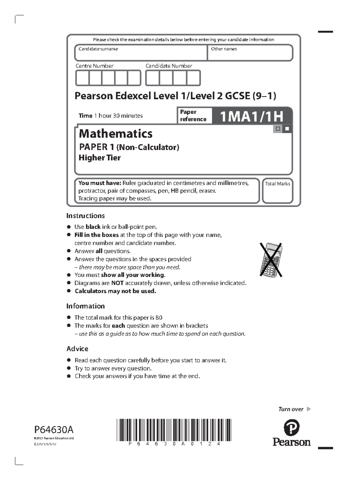 GCSE Math Past Paper Nov 2021 (1MA1/1H) - Higher Tier Non-Calculator ...