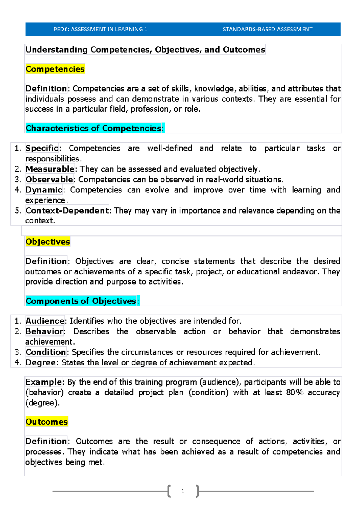 Understanding Competencies, Objectives, and Outcomes in Education - Studocu