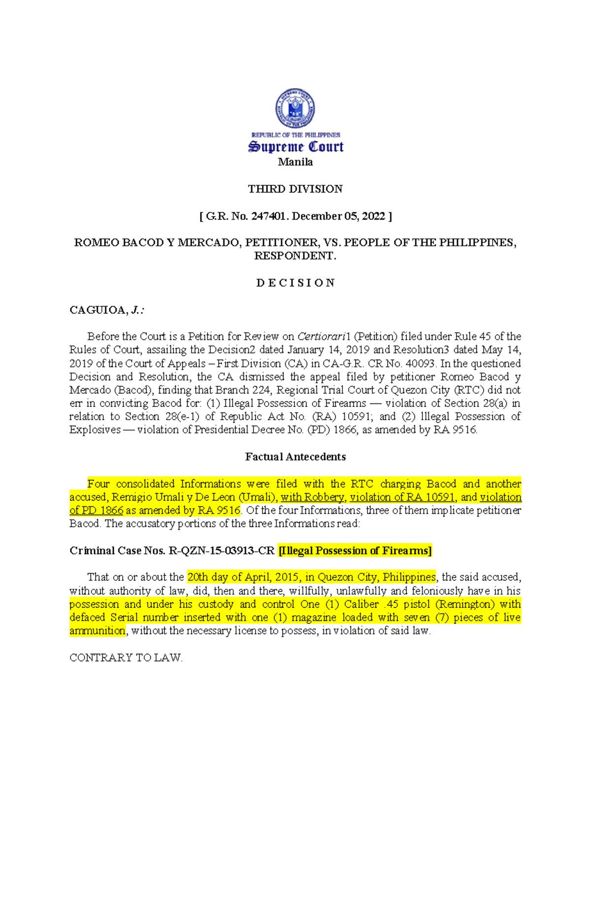 Bacod v. People: Decision on Firearms & Explosives Violations (G.R. No ...