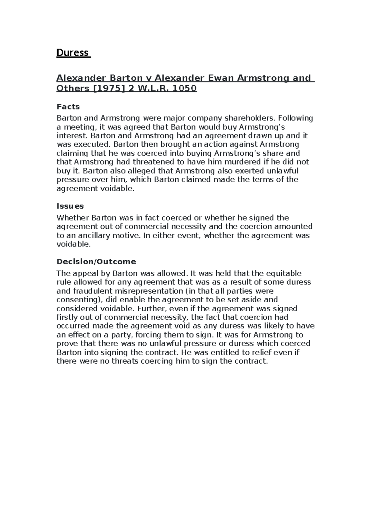 Duress Cases: Key Legal Principles and Case Briefs - Studocu