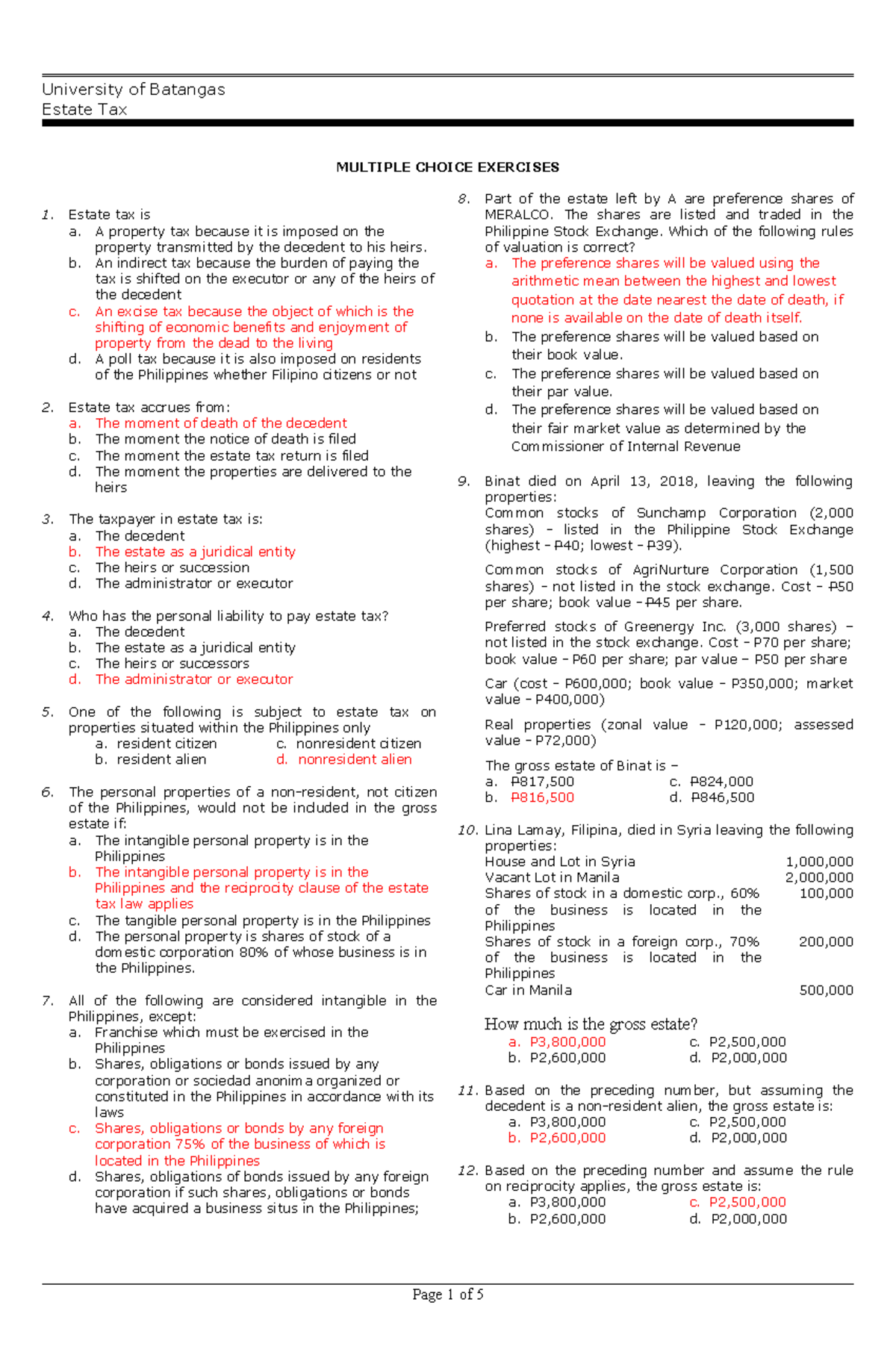 Estate Tax Exam Questions with Answers - University of Batangas Estate ...