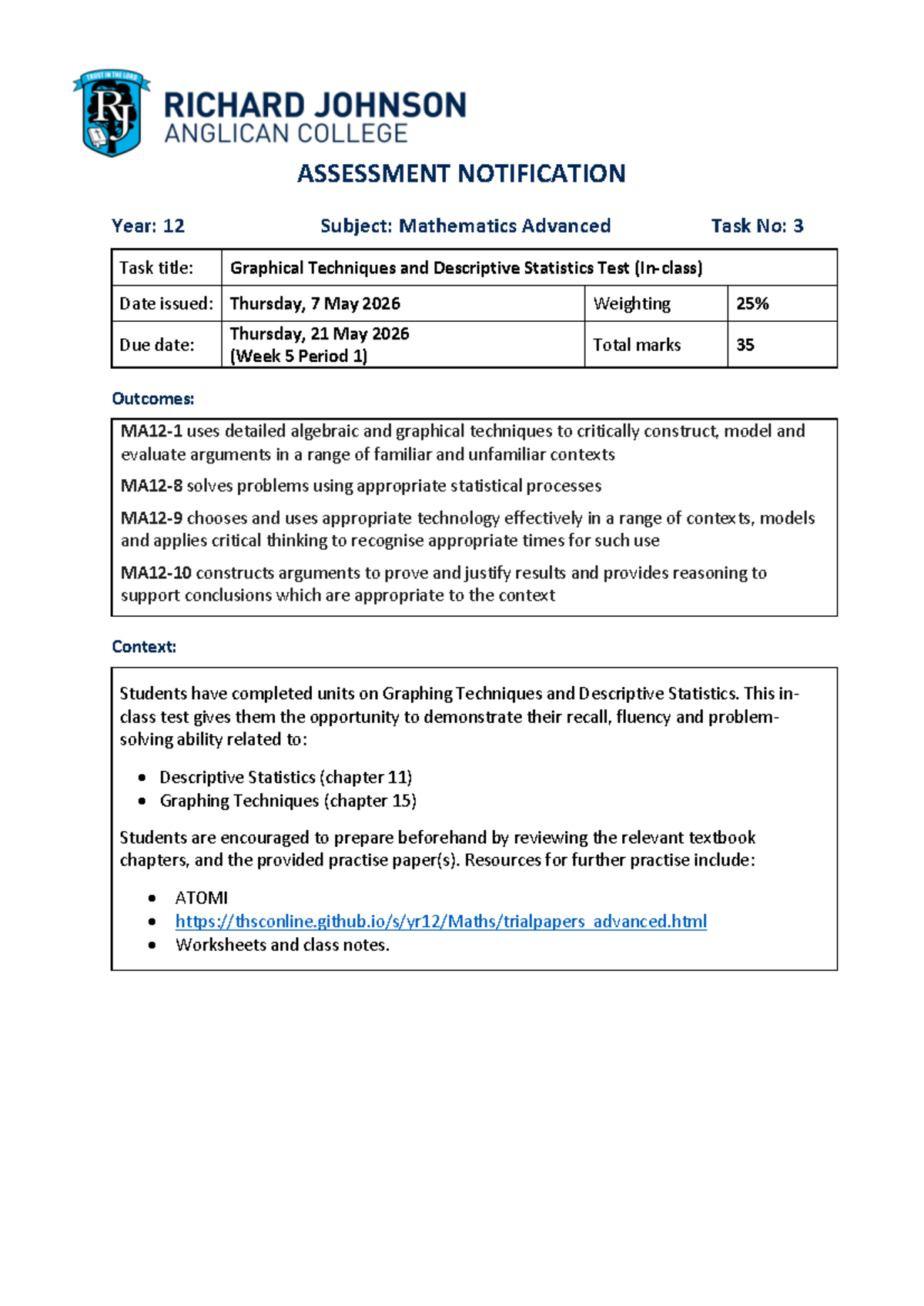 2026 Y12 MAT ADV AT3 Graphical Techniques & Descriptive Stats Test ...