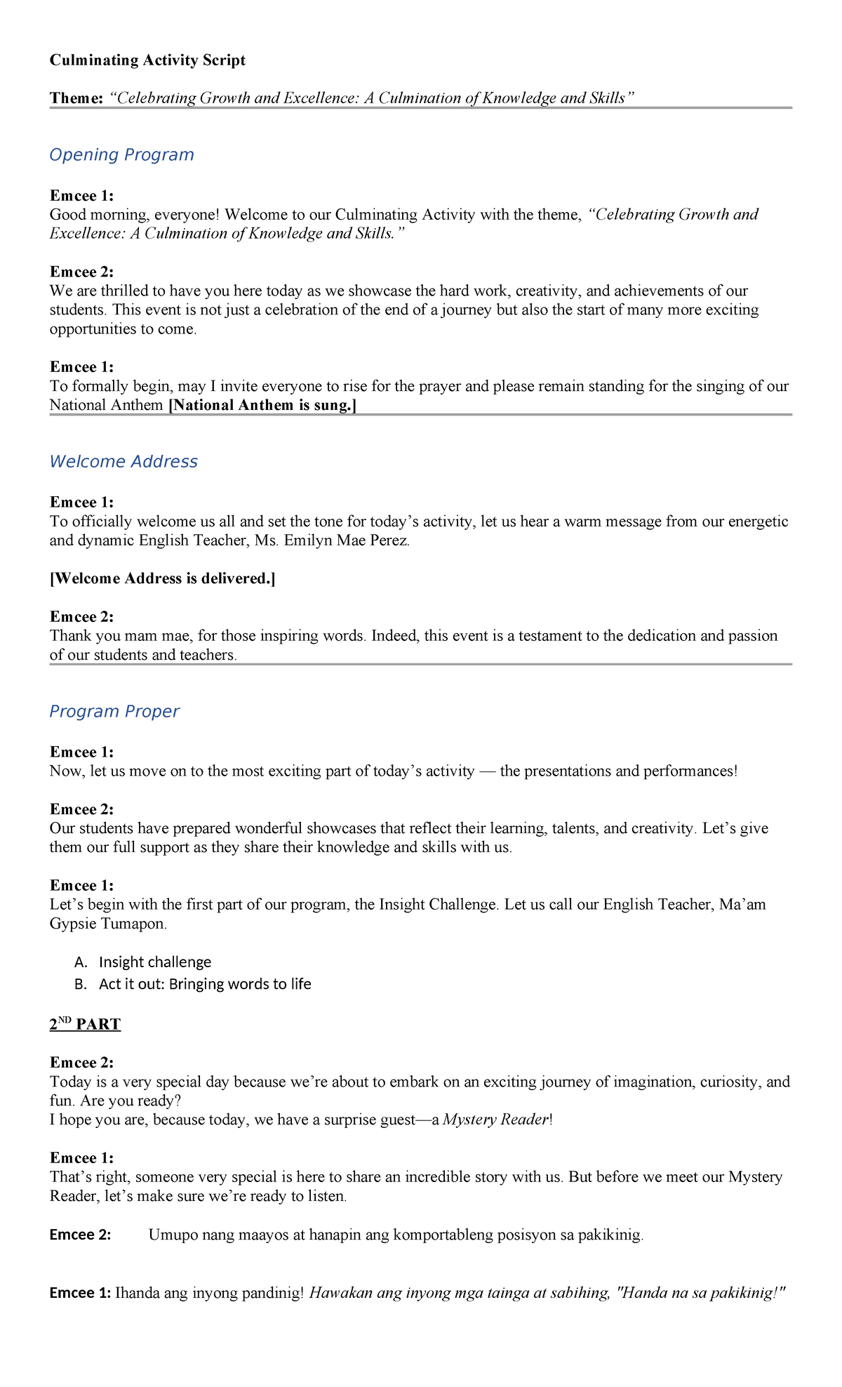 Culminating Activity Script: Celebrating Growth and Excellence - Studocu