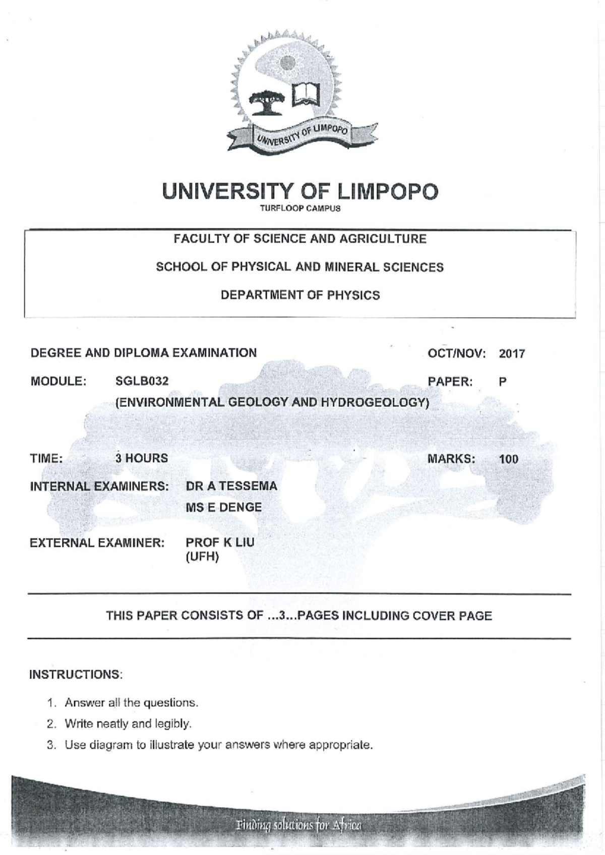 SGLB032 Final Exam Paper: Environmental Geology & Hydrogeology 2017 ...