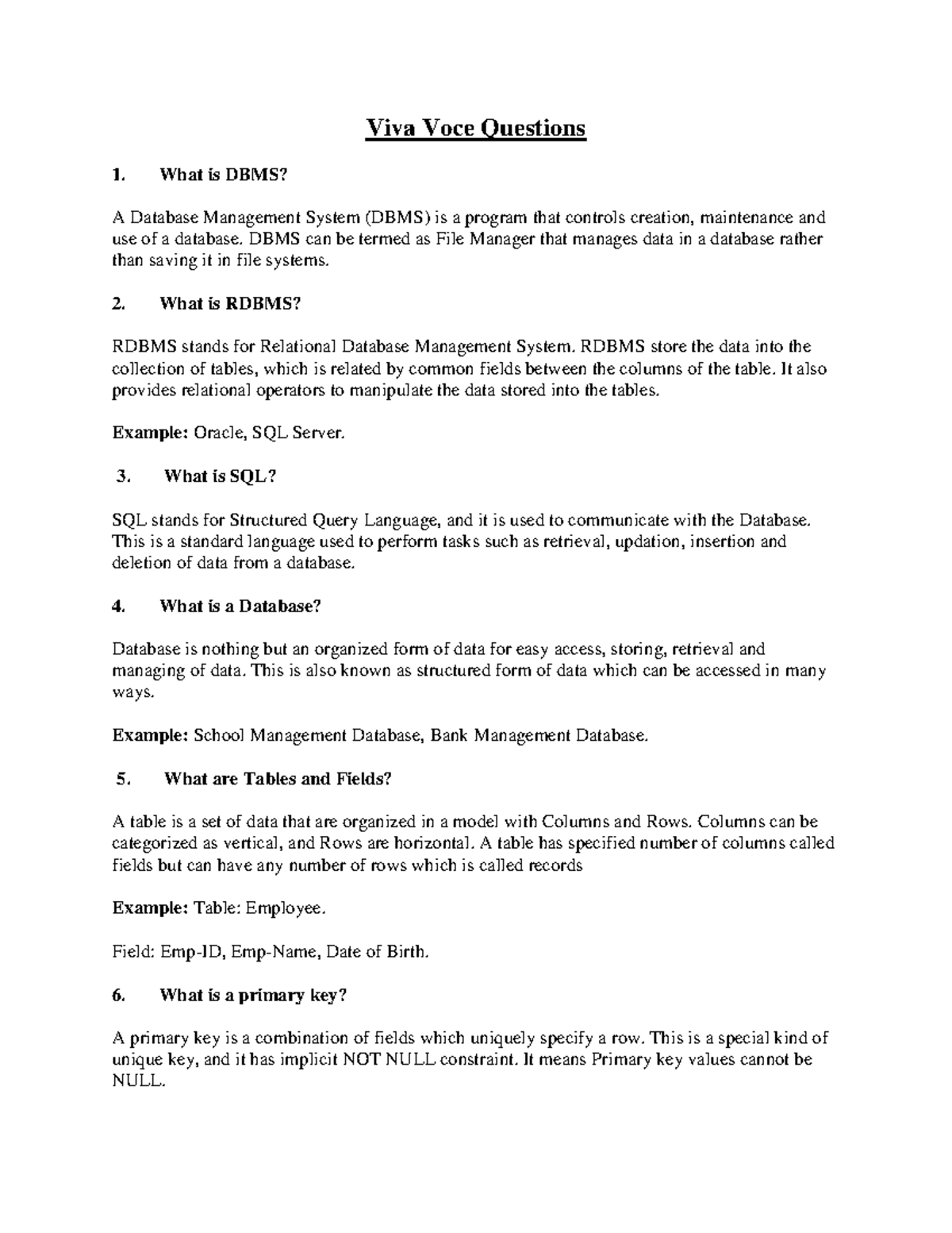 Viva Voce Questions on DBMS and RDBMS Concepts - Viyvardbms - Studocu