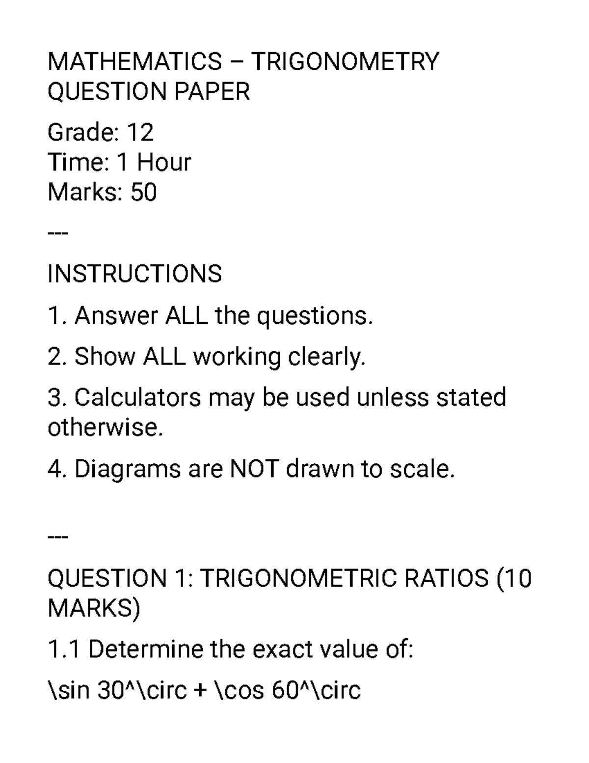Grade 12 Mathematics Trigonometry Question Paper - Practice 2 - Studocu