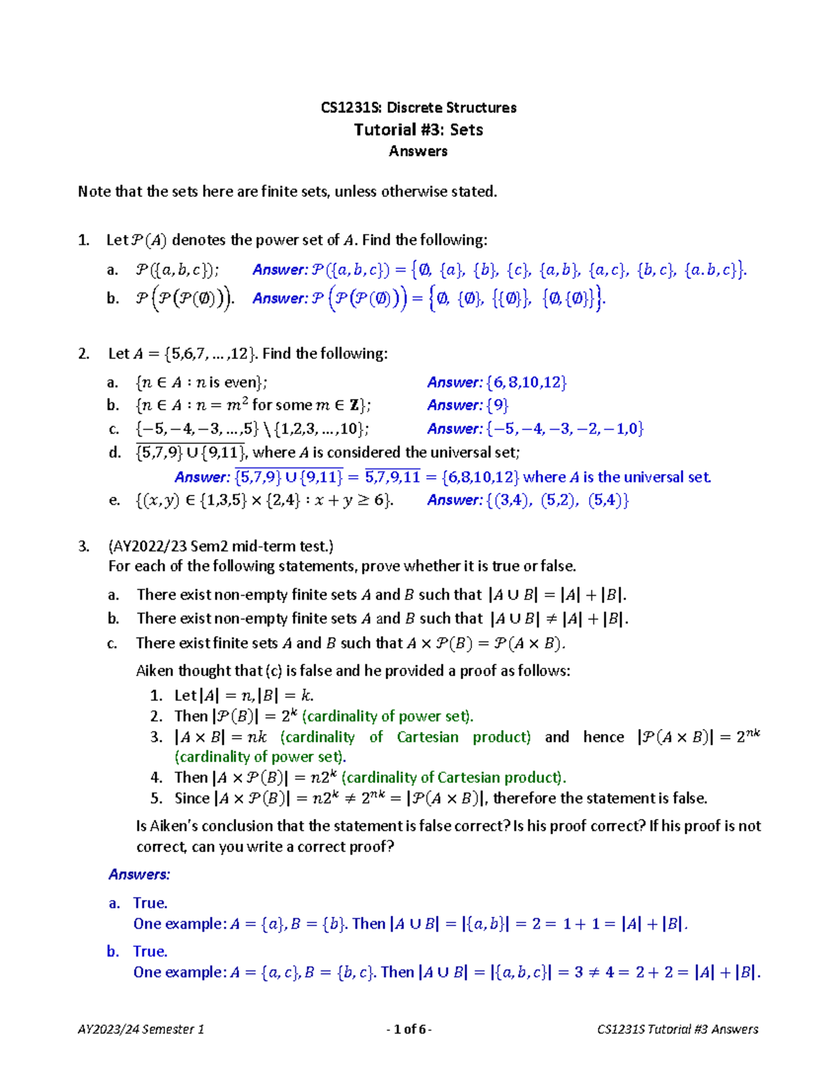 CS1231S Tutorial 3 Set Theory Answers and Solutions - Studocu
