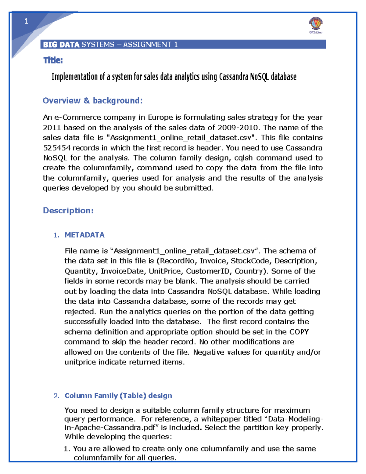 Sales Data Analytics Using Cassandra: Assignment 1 BDS 2024 - Studocu