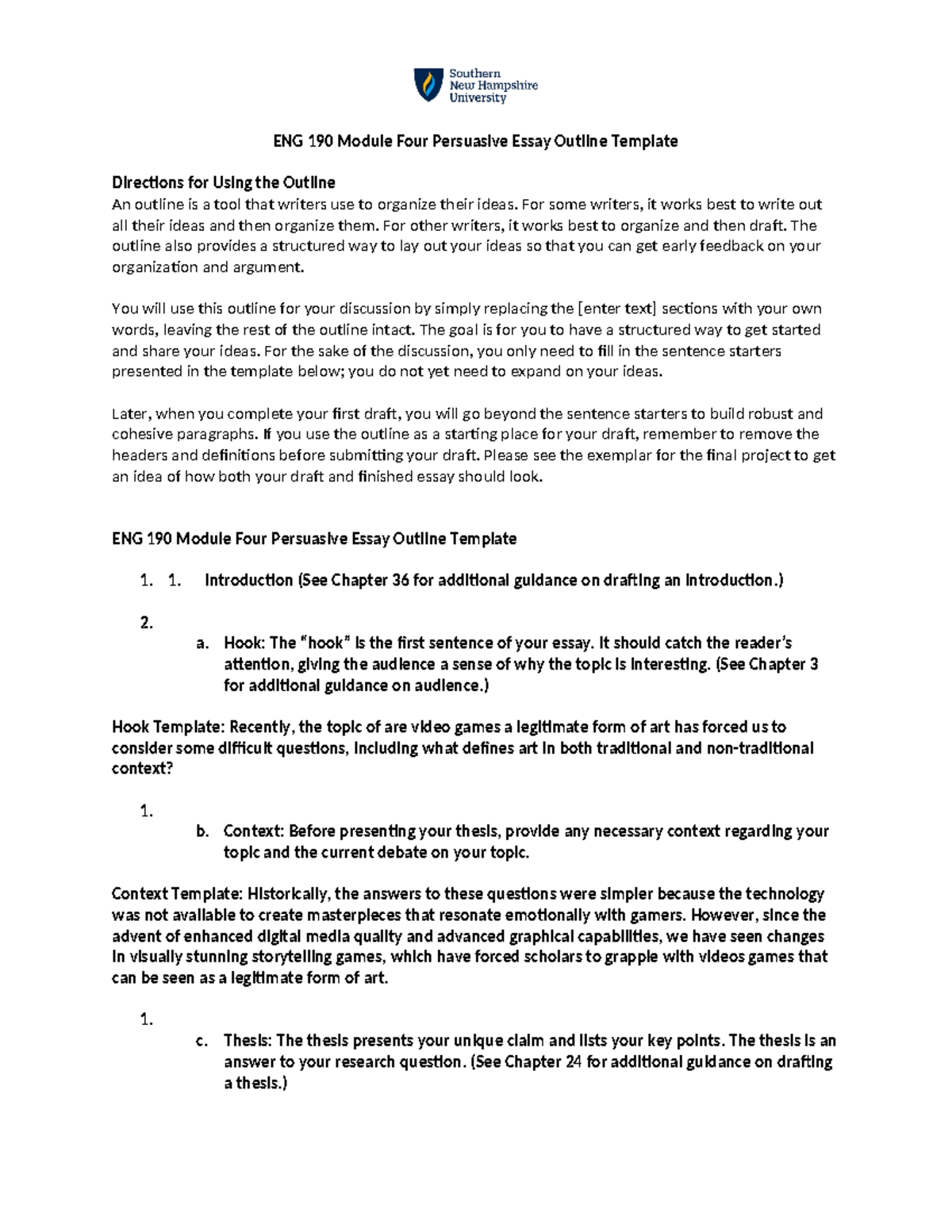 ENG 190 Module 4 Persuasive Essay Outline & Guidance - Studocu