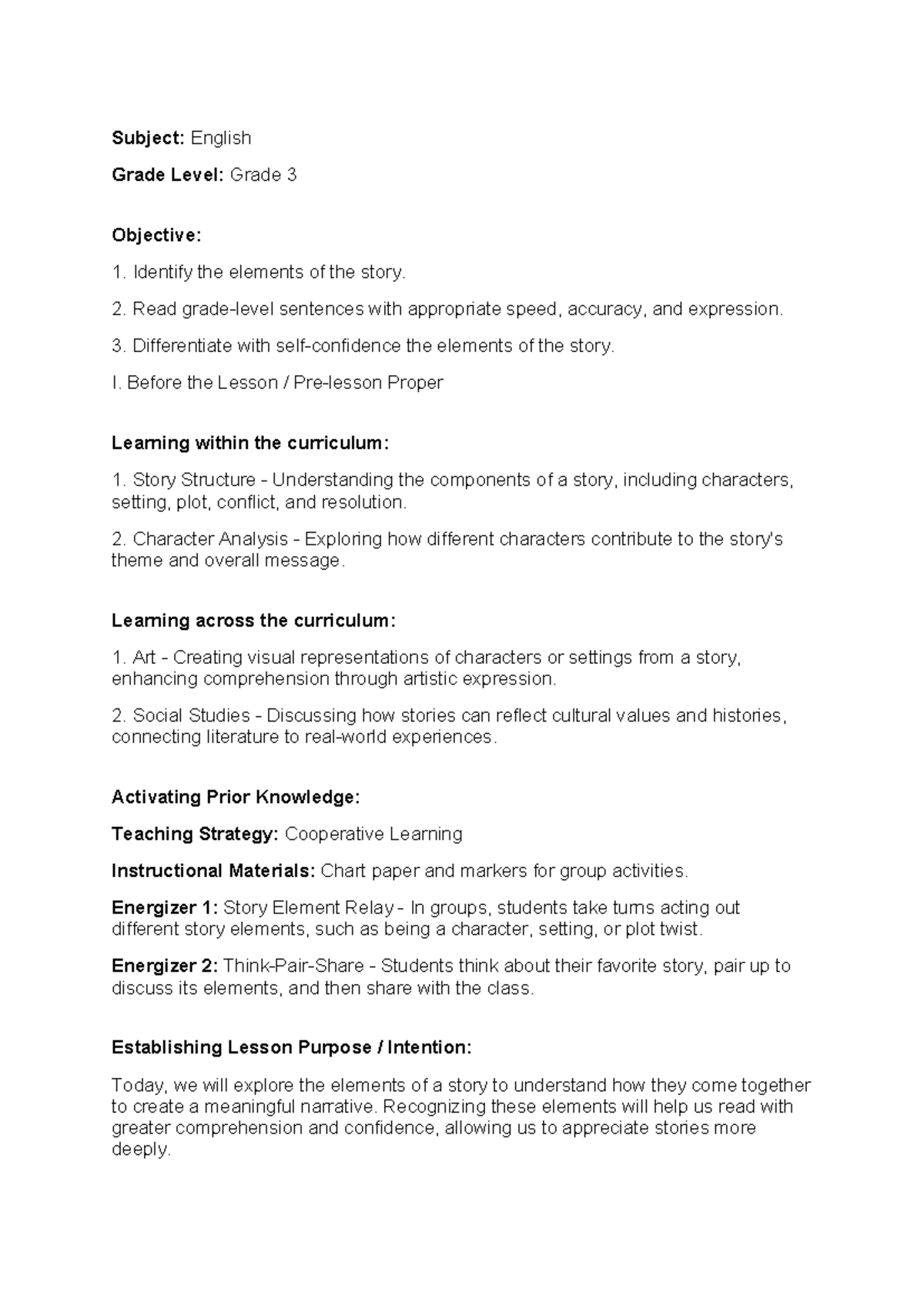 Lesson Plan: Understanding Story Elements for Grade 3 English - Studocu