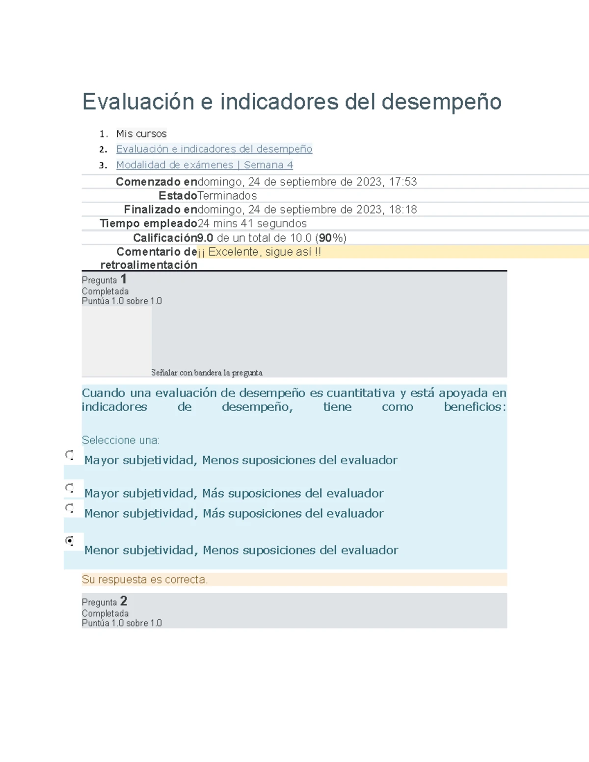 Evaluación e Indicadores del Desempeño: Autocalificable 2 - Studocu