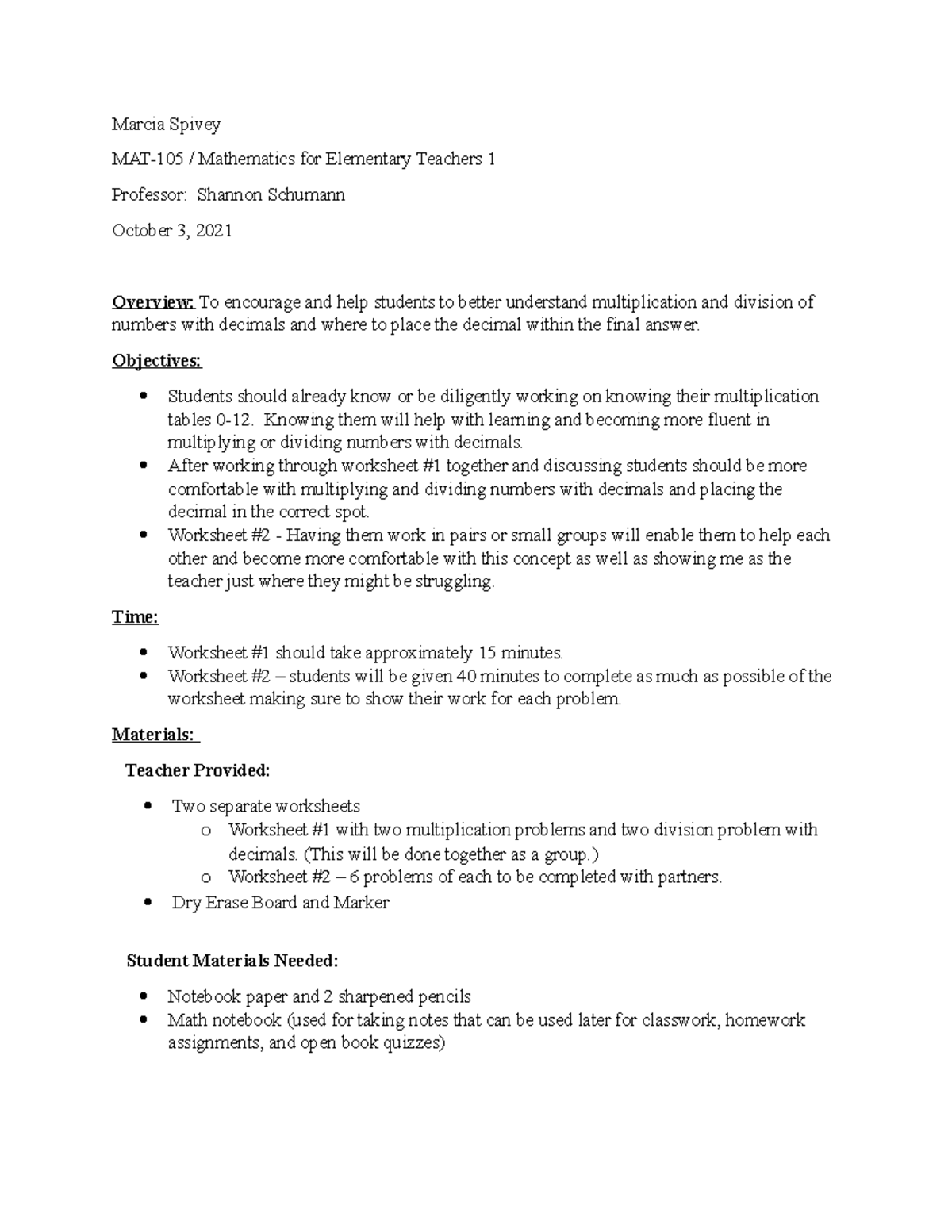 Math 150 Lesson Plan #2 (Completed) - Marcia Spivey MAT-105 ...