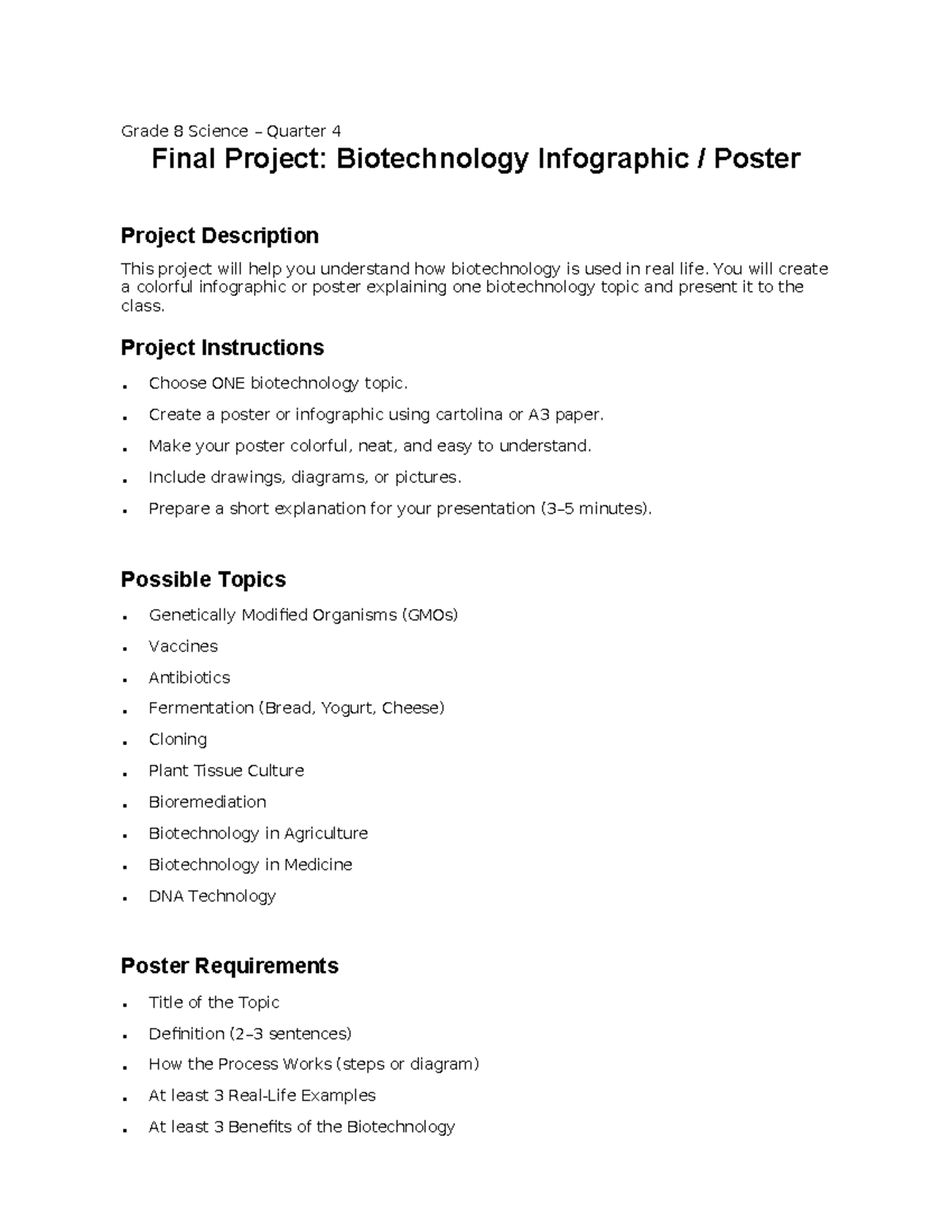 Grade 8 Science Q4 Final Project: Biotechnology Infographic Guide - Studocu