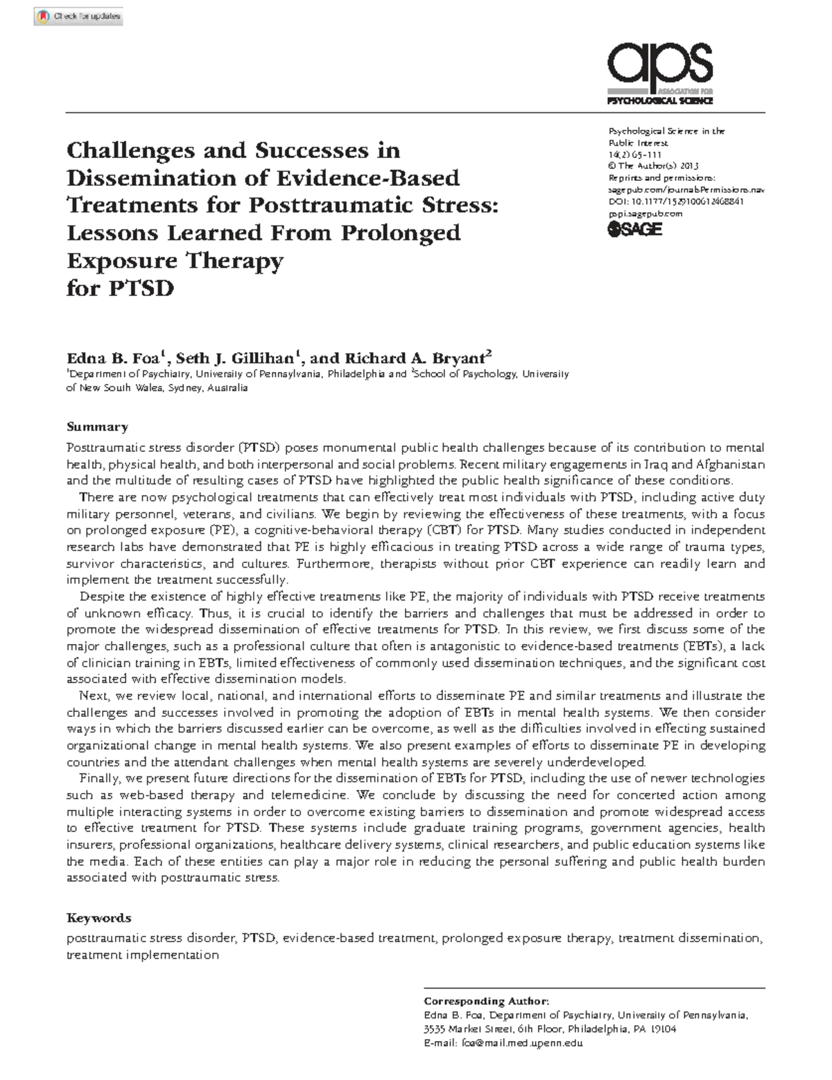 Challenges and Successes in Dissemination of EBTs for PTSD: Lessons ...