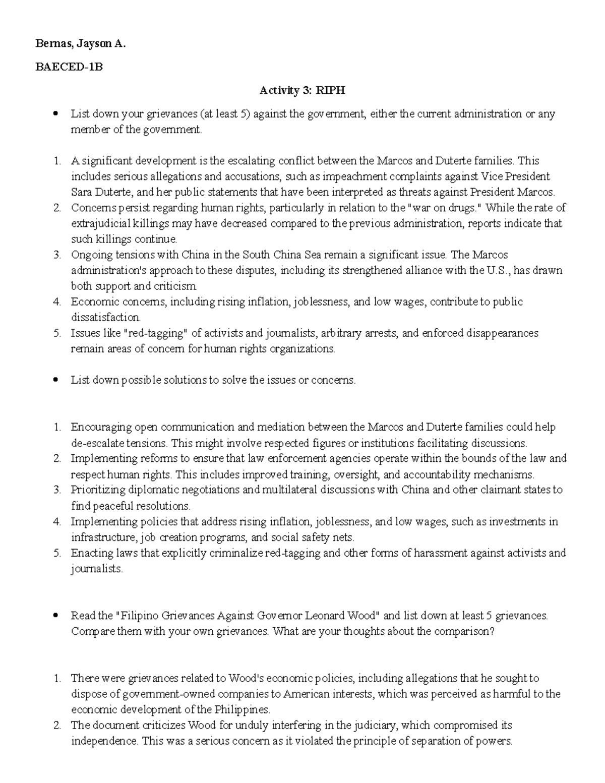 Activity 3 - lectures - Bernas, Jayson A. BAECED-1B Activity 3: RIPH List down your grievances ...
