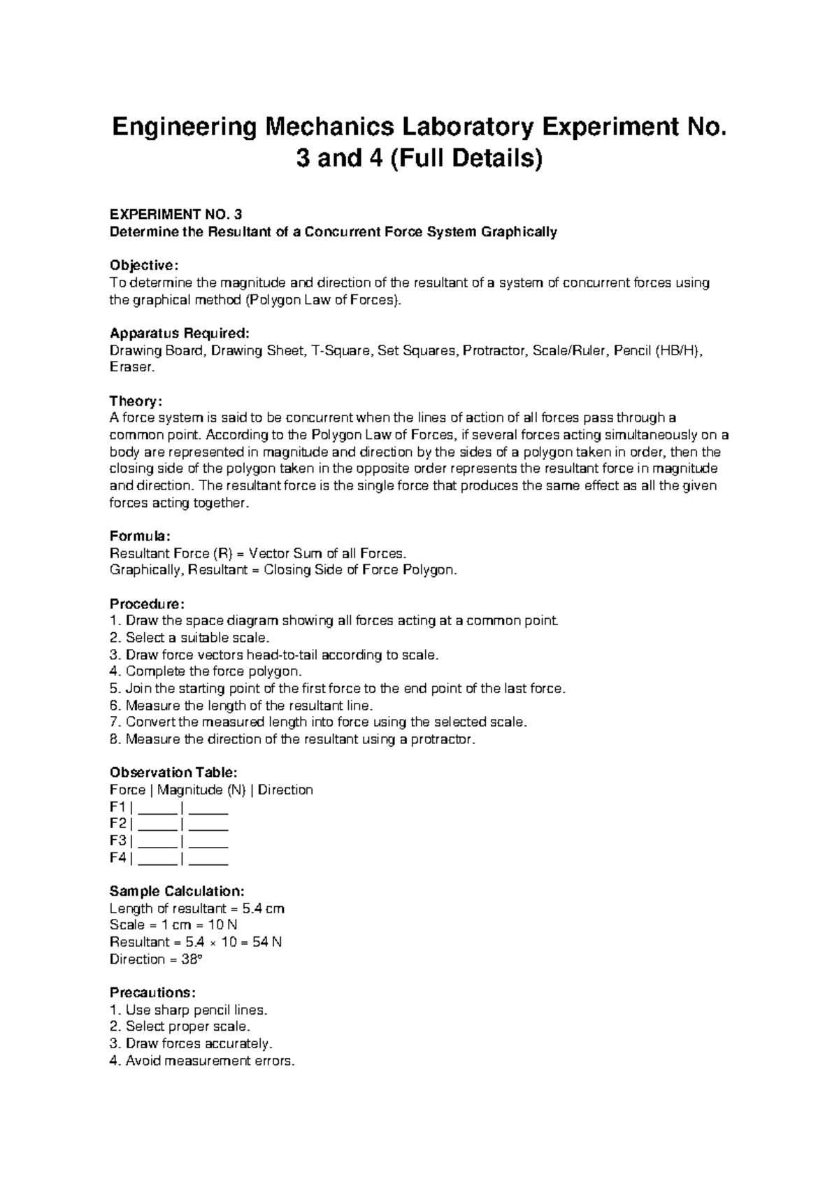 Engineering Mechanics Lab Experiments 3 & 4: Resultant Forces Analysis ...