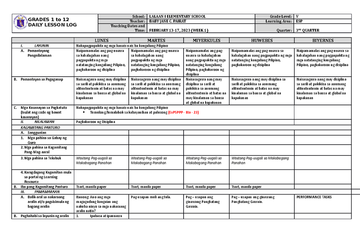 ESP 5 Q3 W1 - DLL - GRADES 1 to 12 DAILY LESSON LOG School: LALAAN I ...