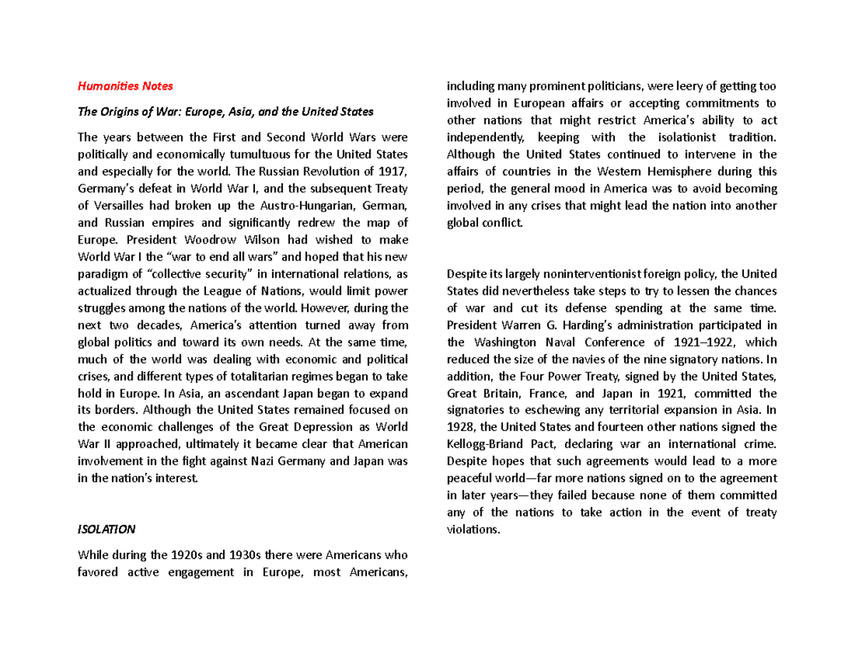 Humanities Notes -The Origins of War - Europe, Asia, and the United ...